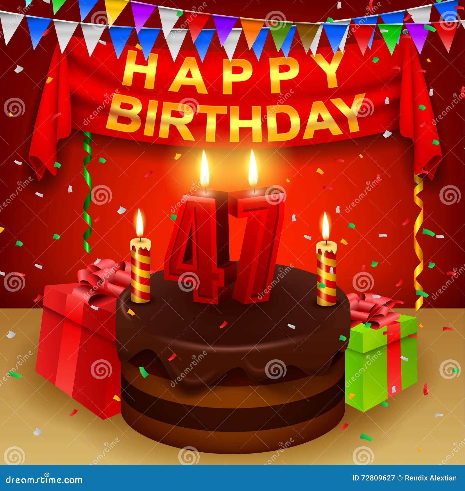 Happy 47th Birthday with Chocolate Cream Cake and Triangular Flag Stock ...