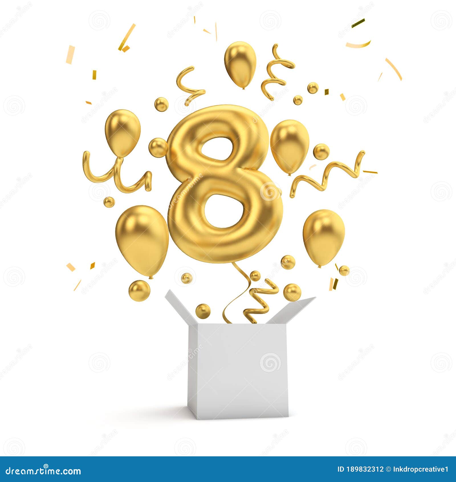 Happy 8th Birthday Gold Surprise Balloon and Box. 3D Rendering Stock ...