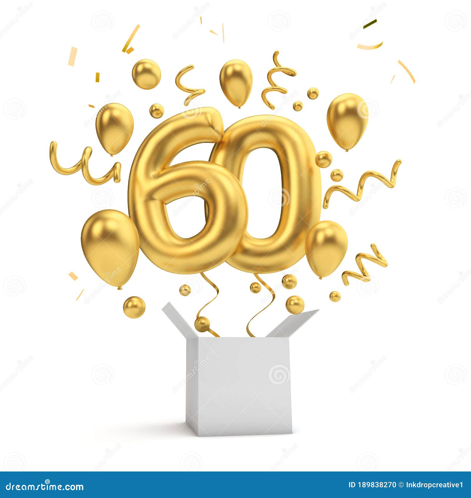 Happy 60th Birthday Gold Surprise Balloon And Box 3d Rendering Stock