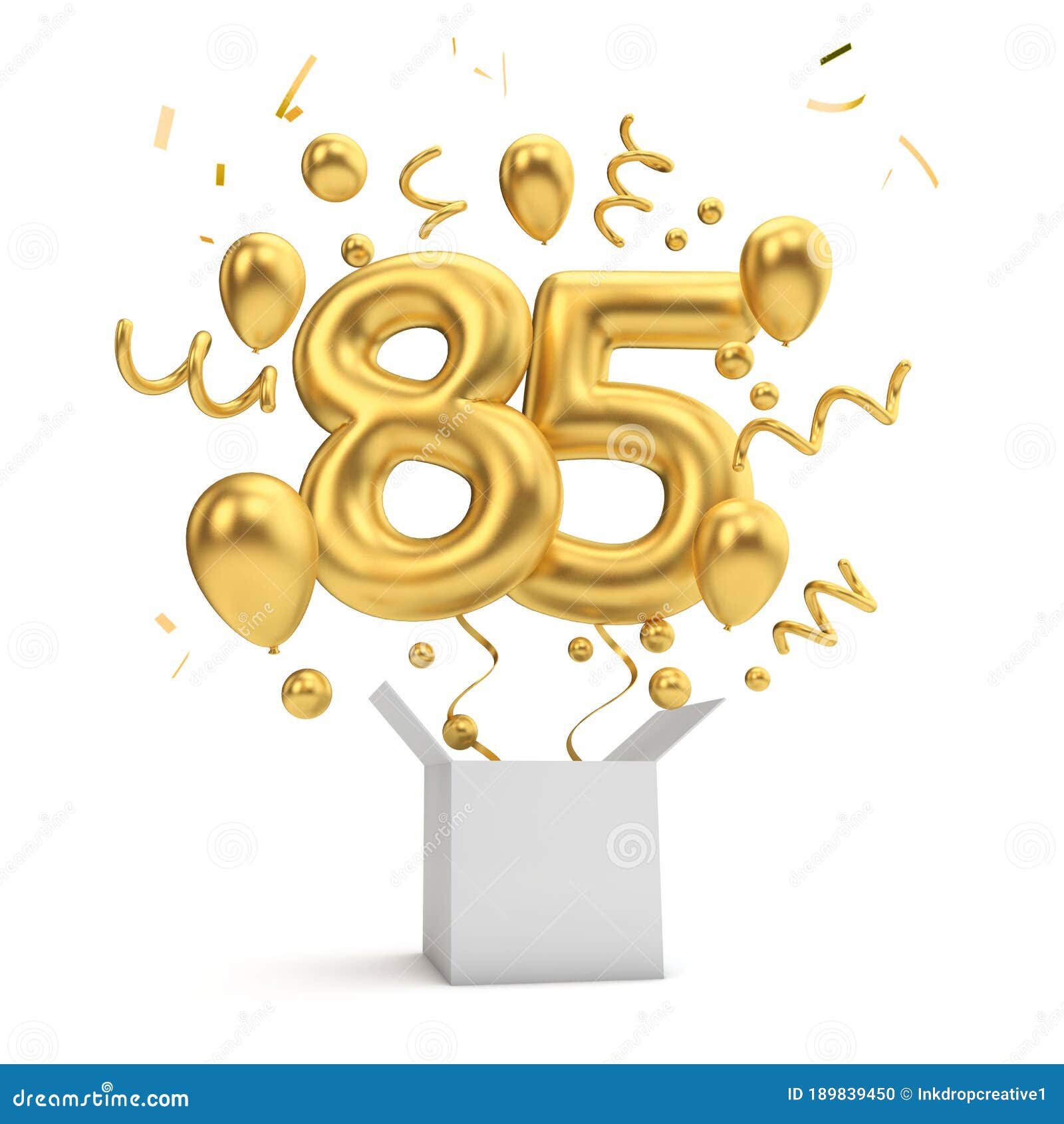 Happy 85th Birthday Gold Surprise Balloon and Box. 3D Rendering Stock ...