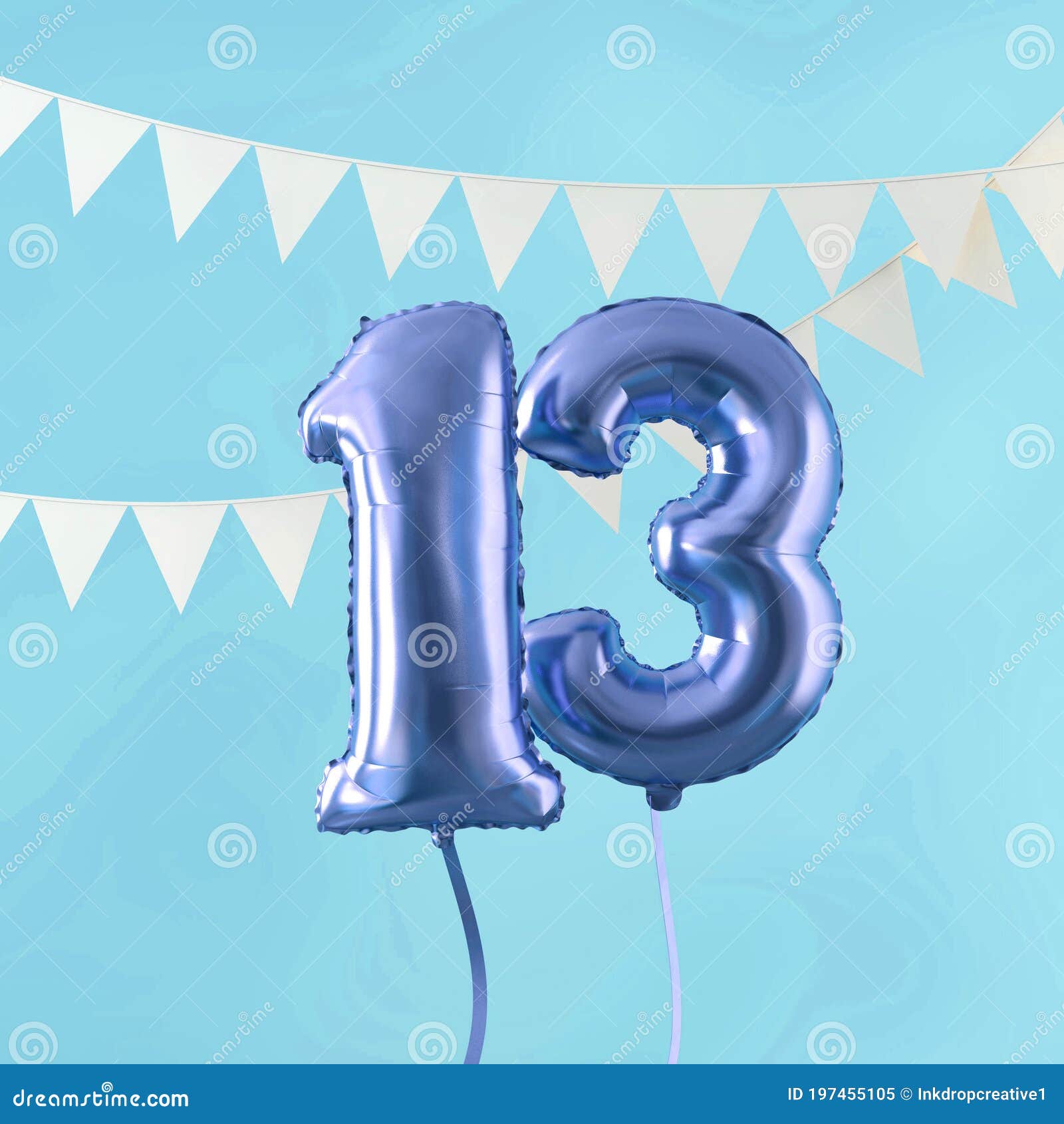 Happy 13th Birthday Party Celebration Blue Balloon and Bunting. 3D ...