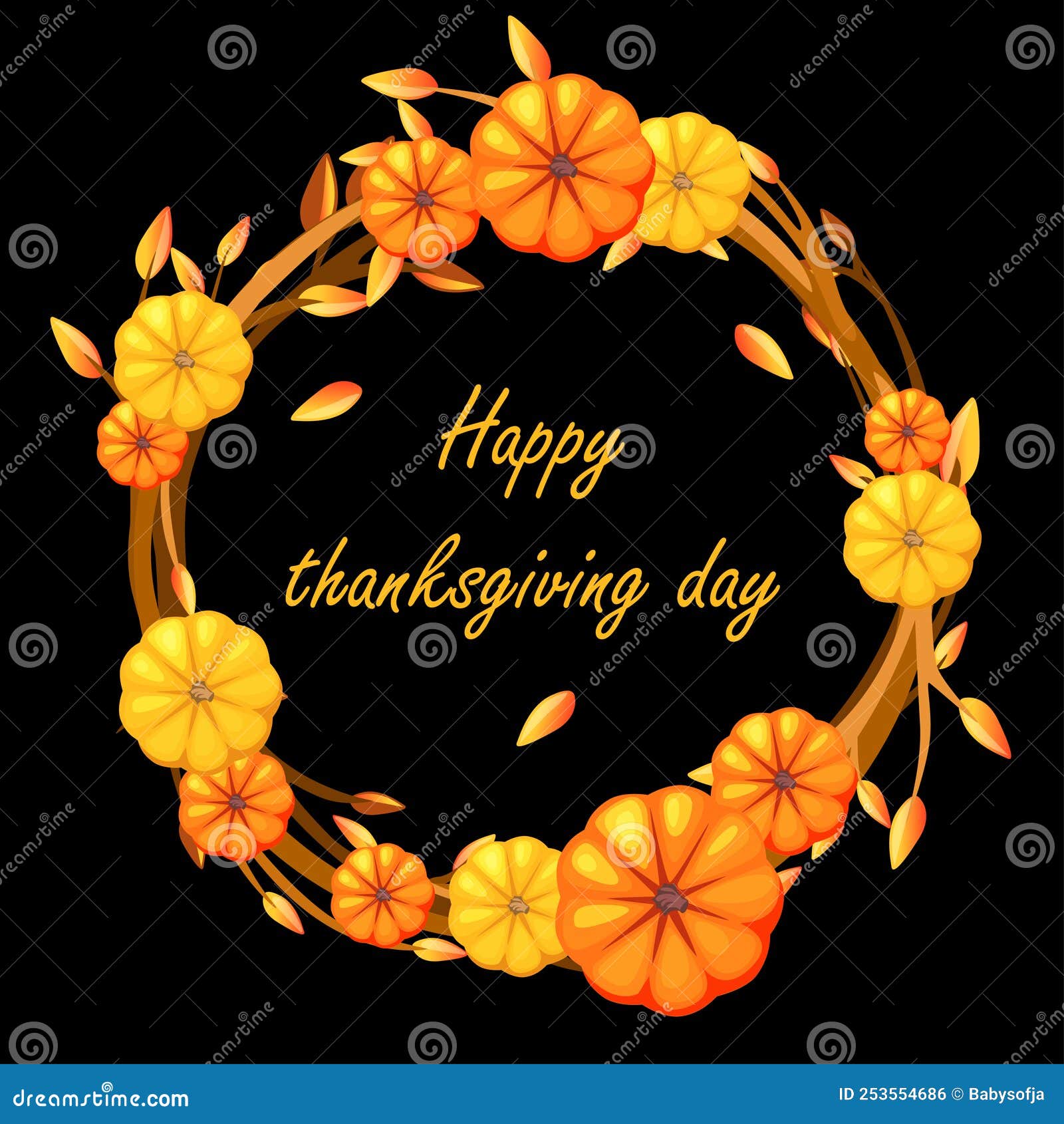 Happy Thanksgiving. Decorative Circle Wreath with Branches and Pumpkins ...