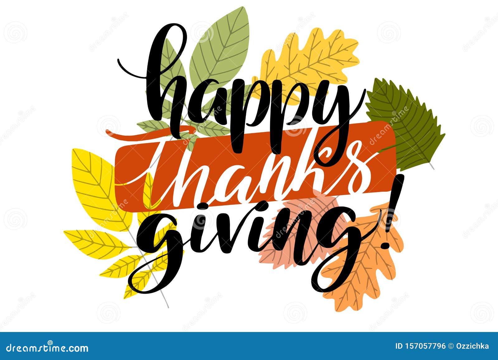 Happy Thanksgiving Hand Written Words With Autumn Leaves Stock Vector