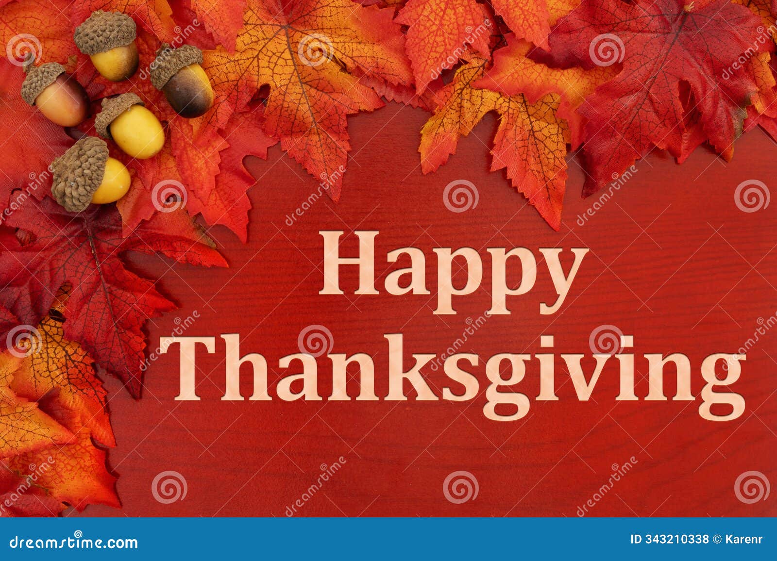 Happy Thanksgiving Note with Fall Leaves and Acorns on Red Wood Stock ...