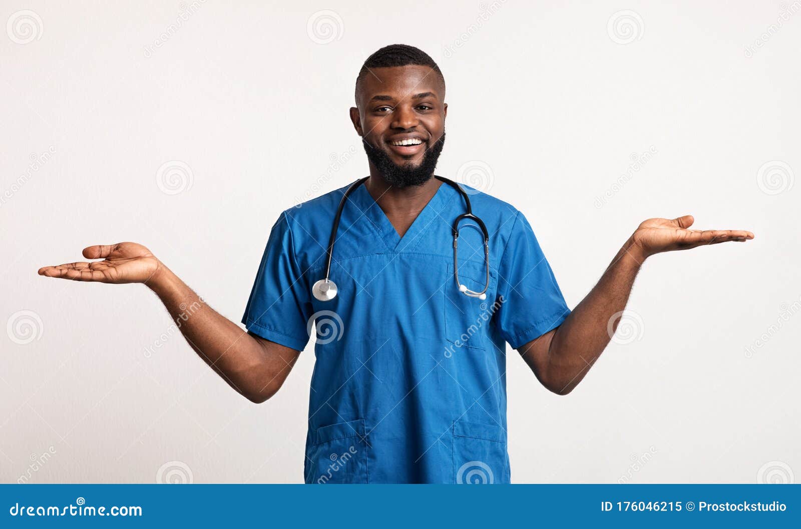 Happy Therapist in Blue Uniform with Palms Up Stock Image - Image of ...