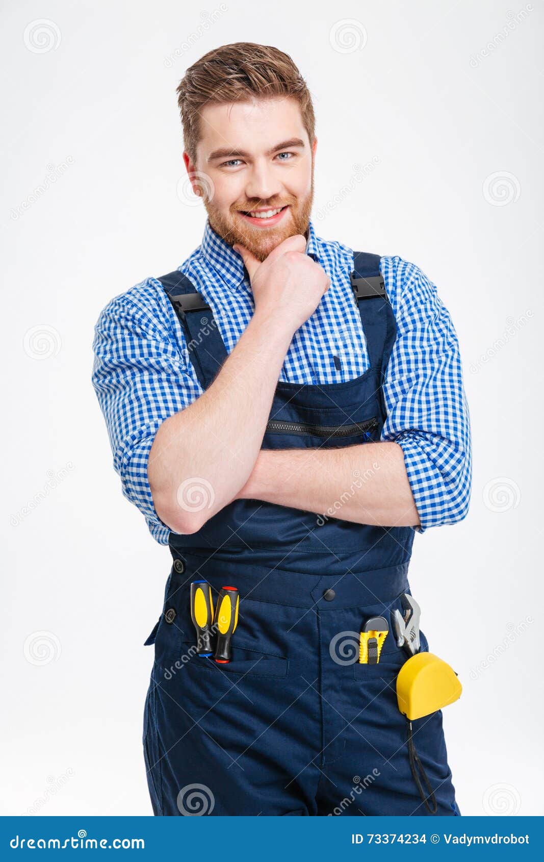 Happy Thoughtful Male Builder Looking at Camera Stock Photo - Image of ...