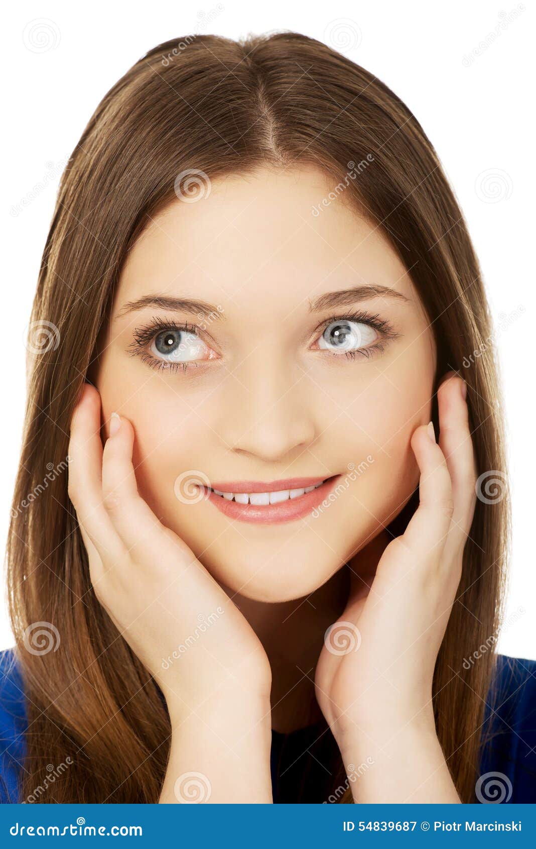 Happy Thoughtful Woman Looking Up. Stock Image - Image of girl ...