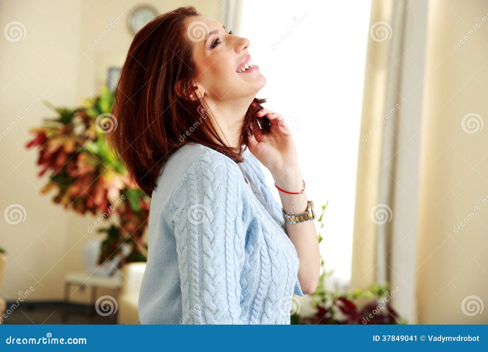 Happy Thoughtful Woman Looking Up Stock Image - Image of contemplative ...