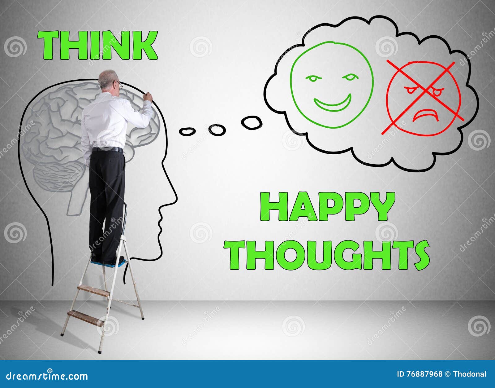 Happy Thoughts Concept Drawn by a Man on a Ladder Stock Photo - Image ...