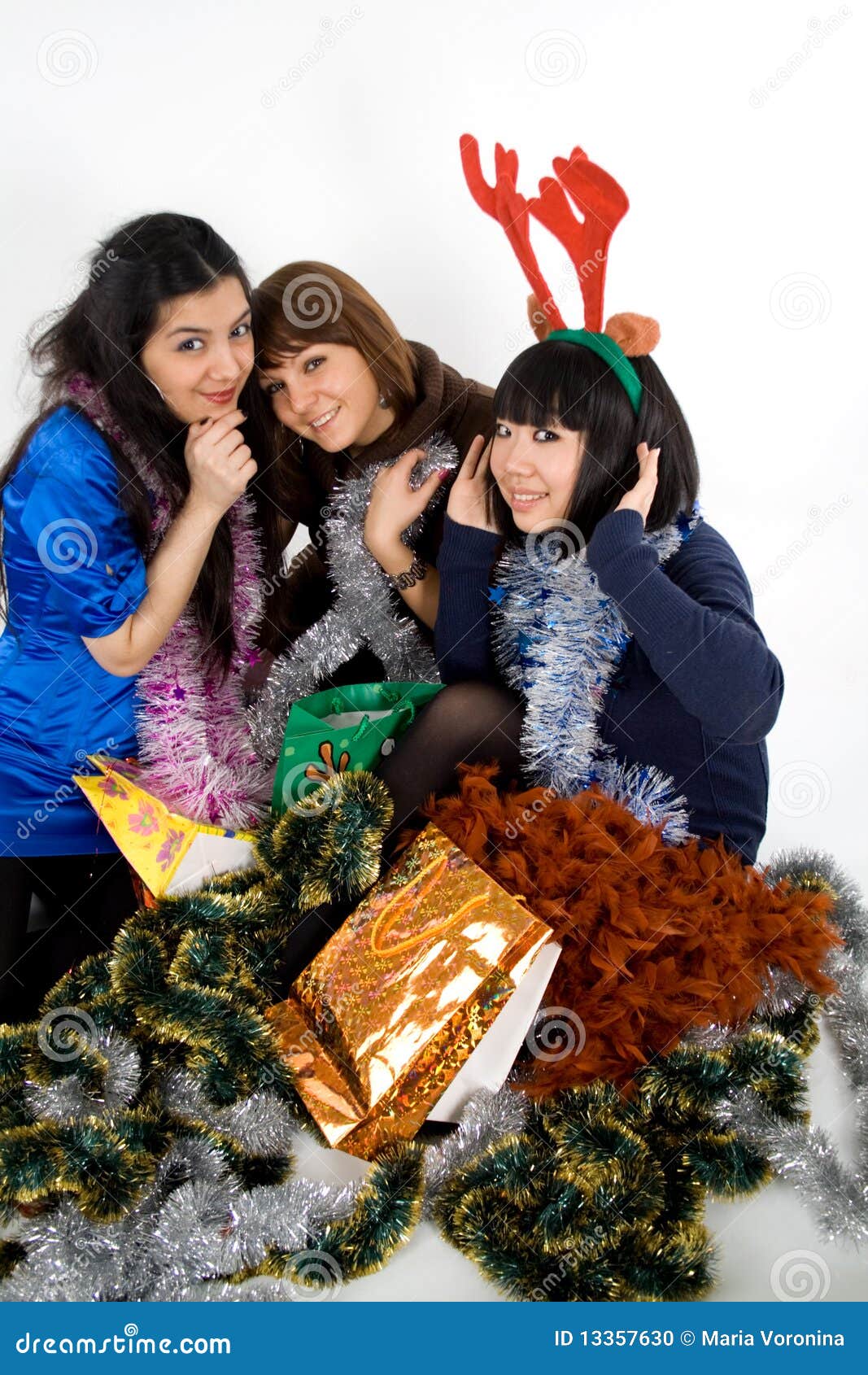 Happy three friends stock photo. Image of present, closeup - 13357630