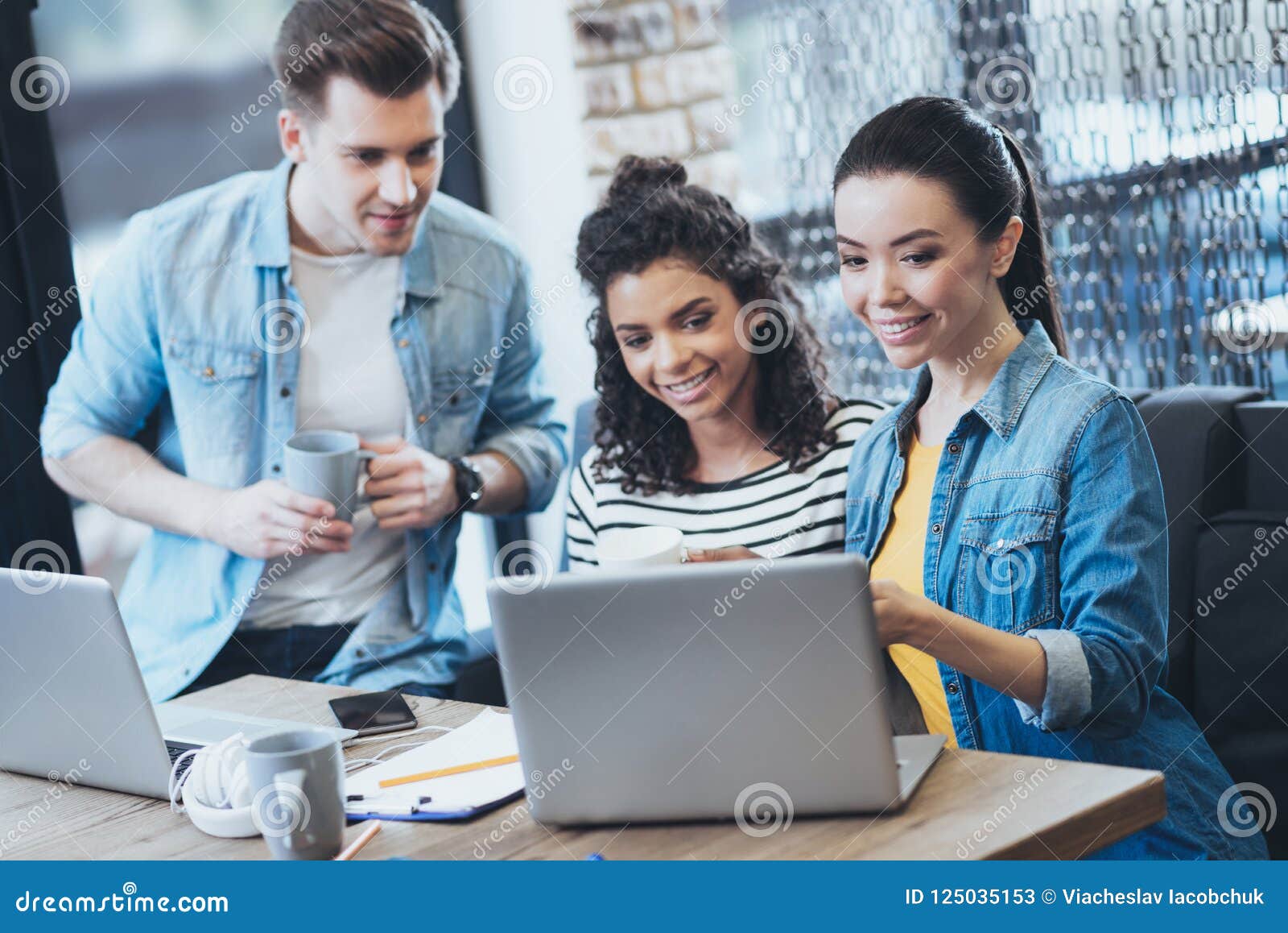 Happy Three Students Discussing Ideas Stock Image - Image of ...