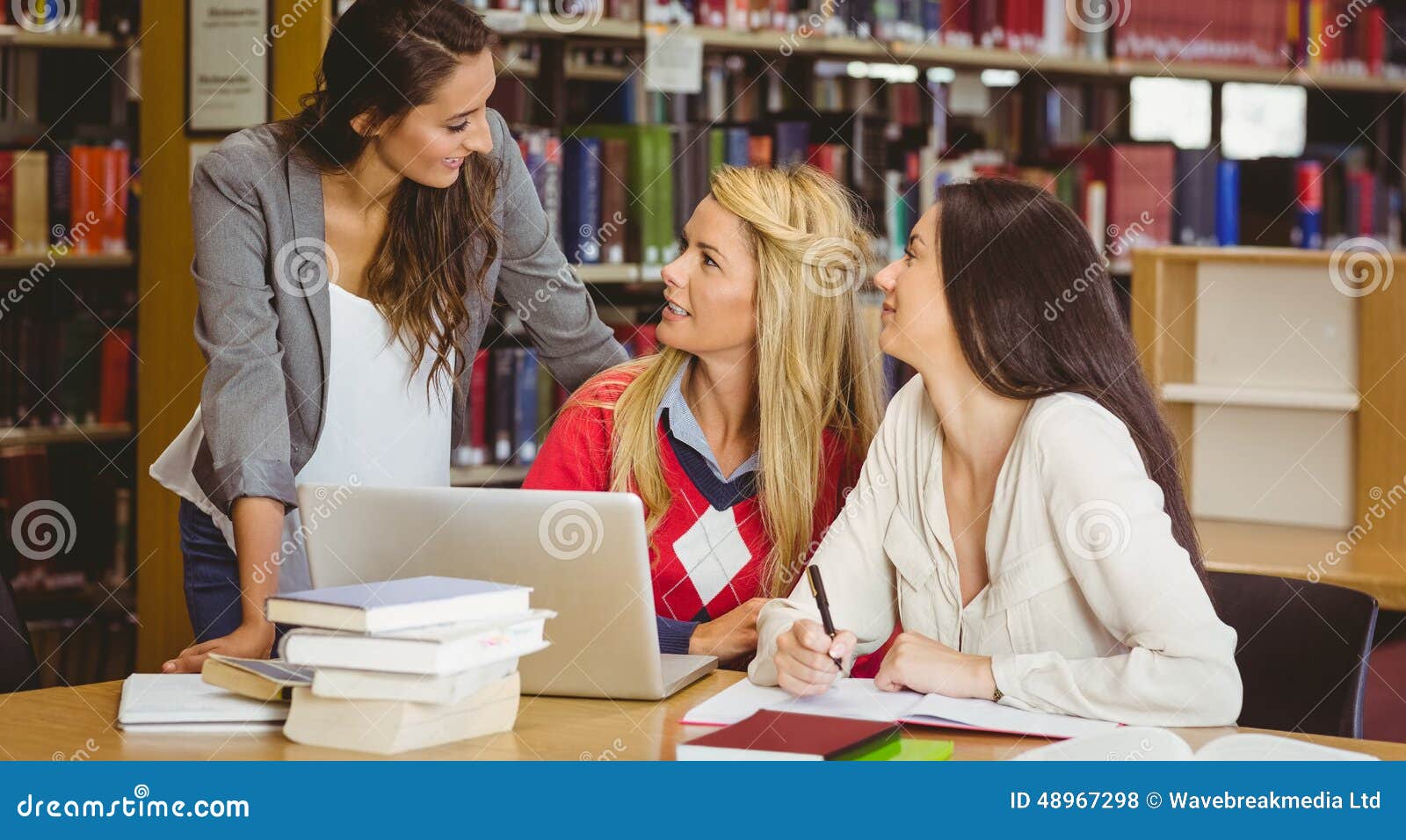 Happy Three Students Working Together Stock Photo - Image of school ...