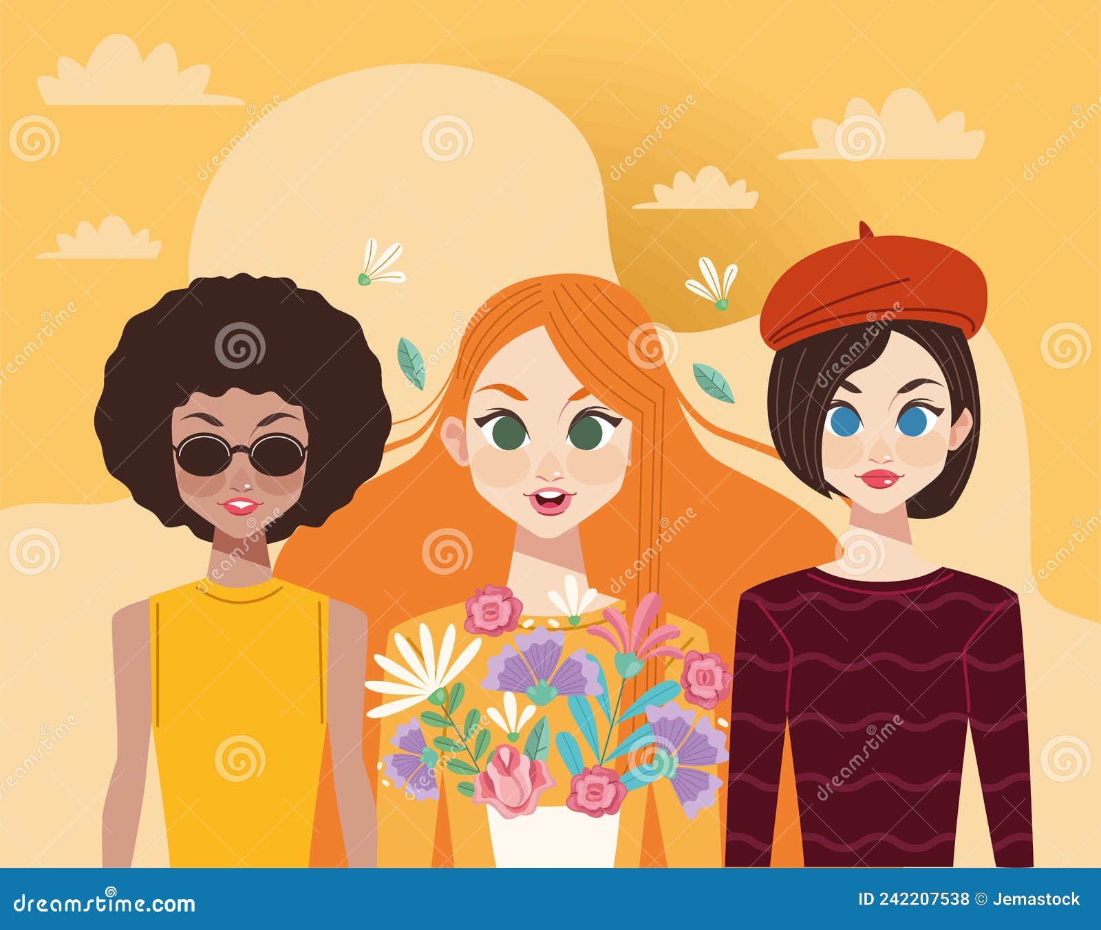 Happy three women group stock vector. Illustration of ethnic - 242207538