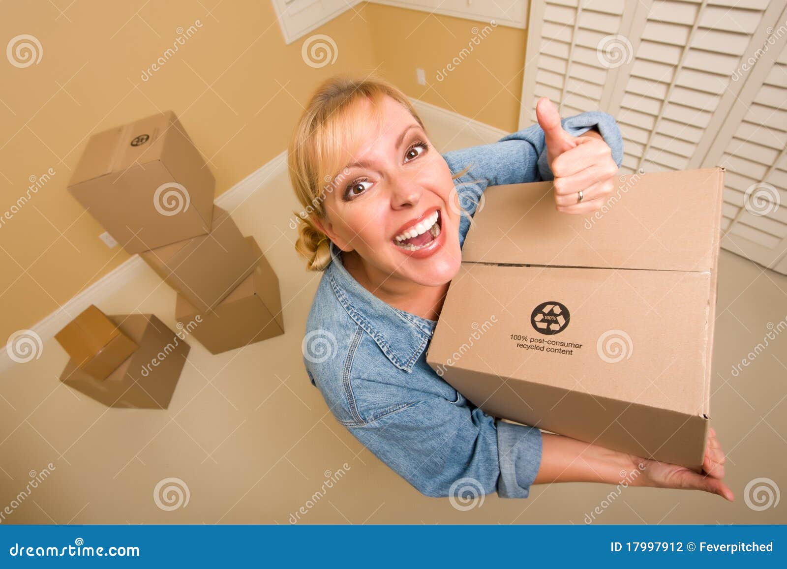 Happy Thumbs Up Woman Moving Boxes Stock Photo - Image of smiling ...
