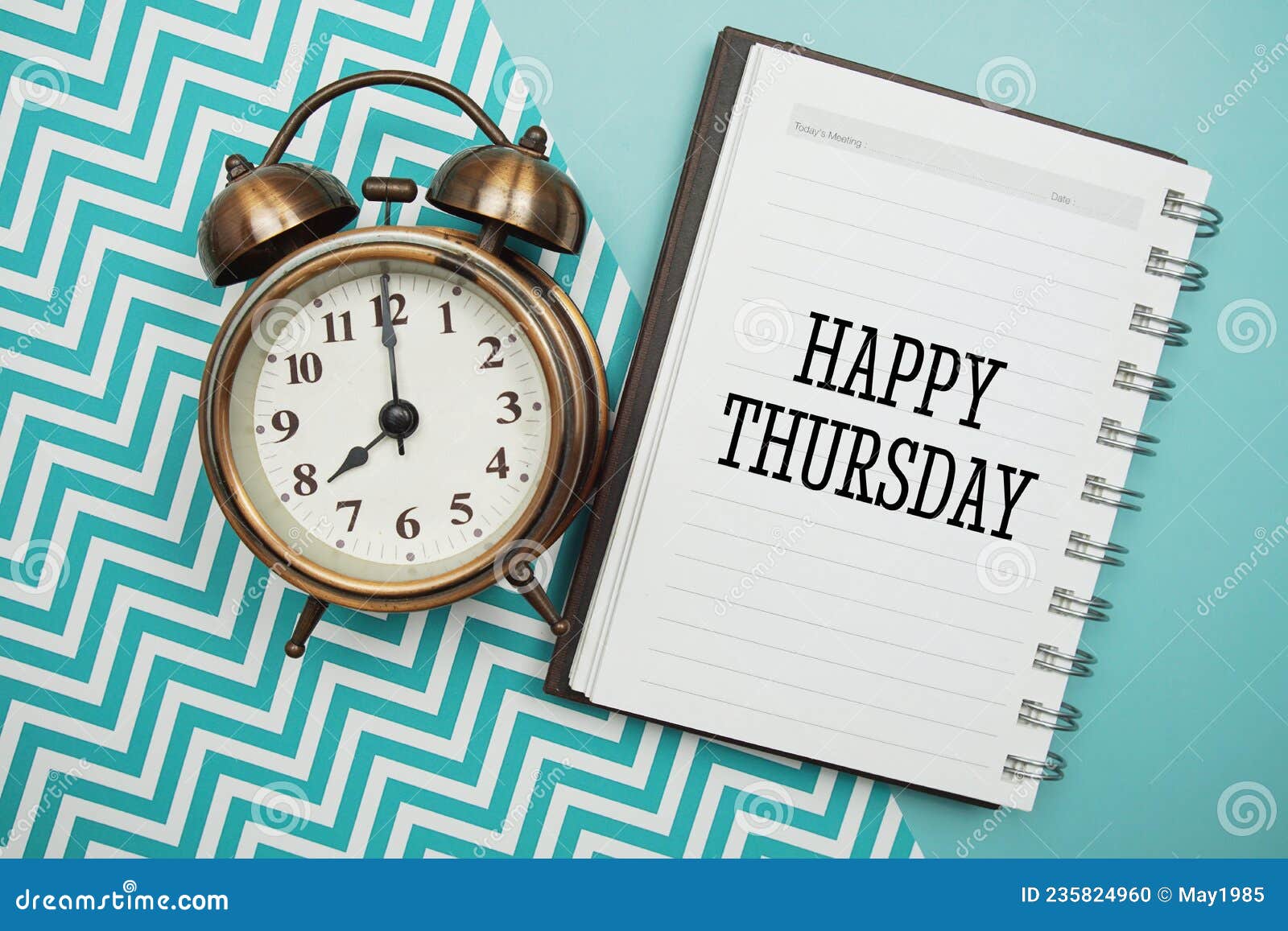 Happy Thursday Text and Alarm Clock on Blue Background Stock Photo ...