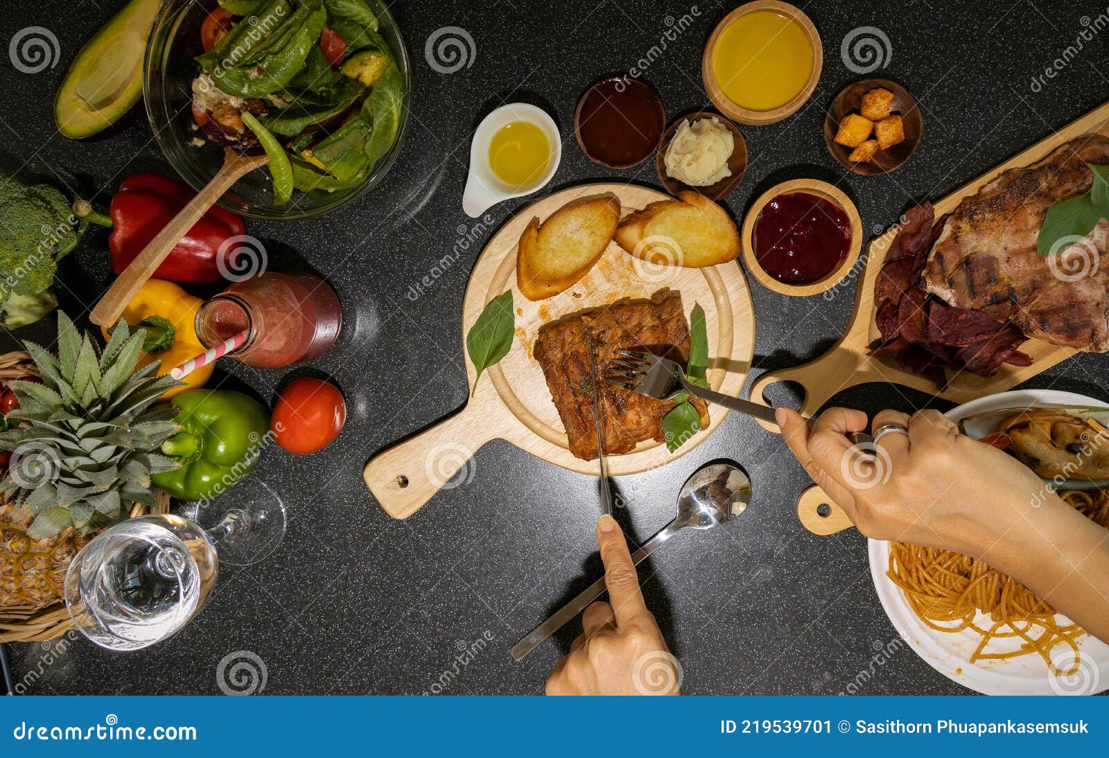 Happy Time with Woman Eating Stake from Plate with Fork and Knife in ...