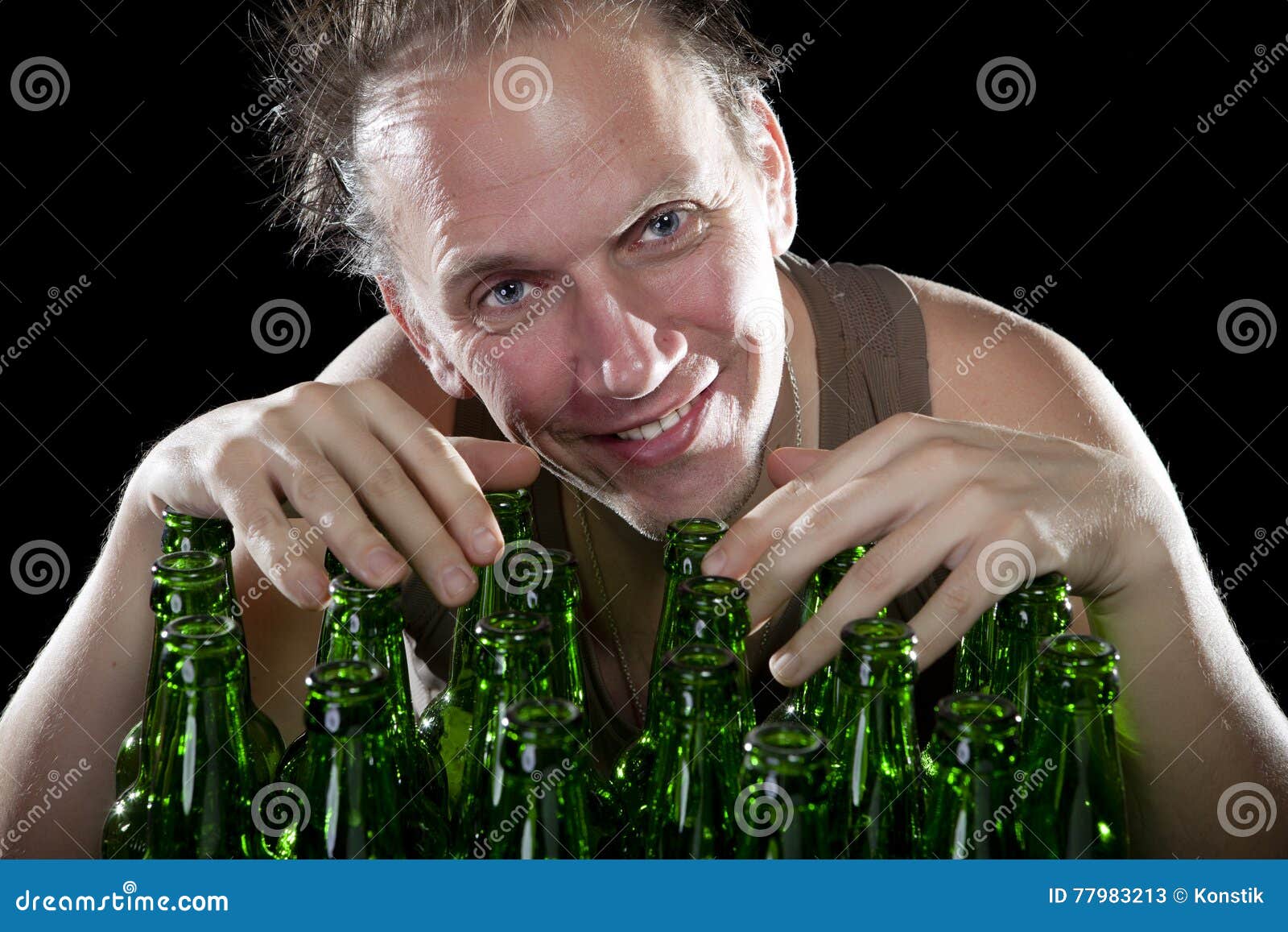 The Happy Tipsy Man Near Empty Beer Bottles Stock Image - Image of sick ...