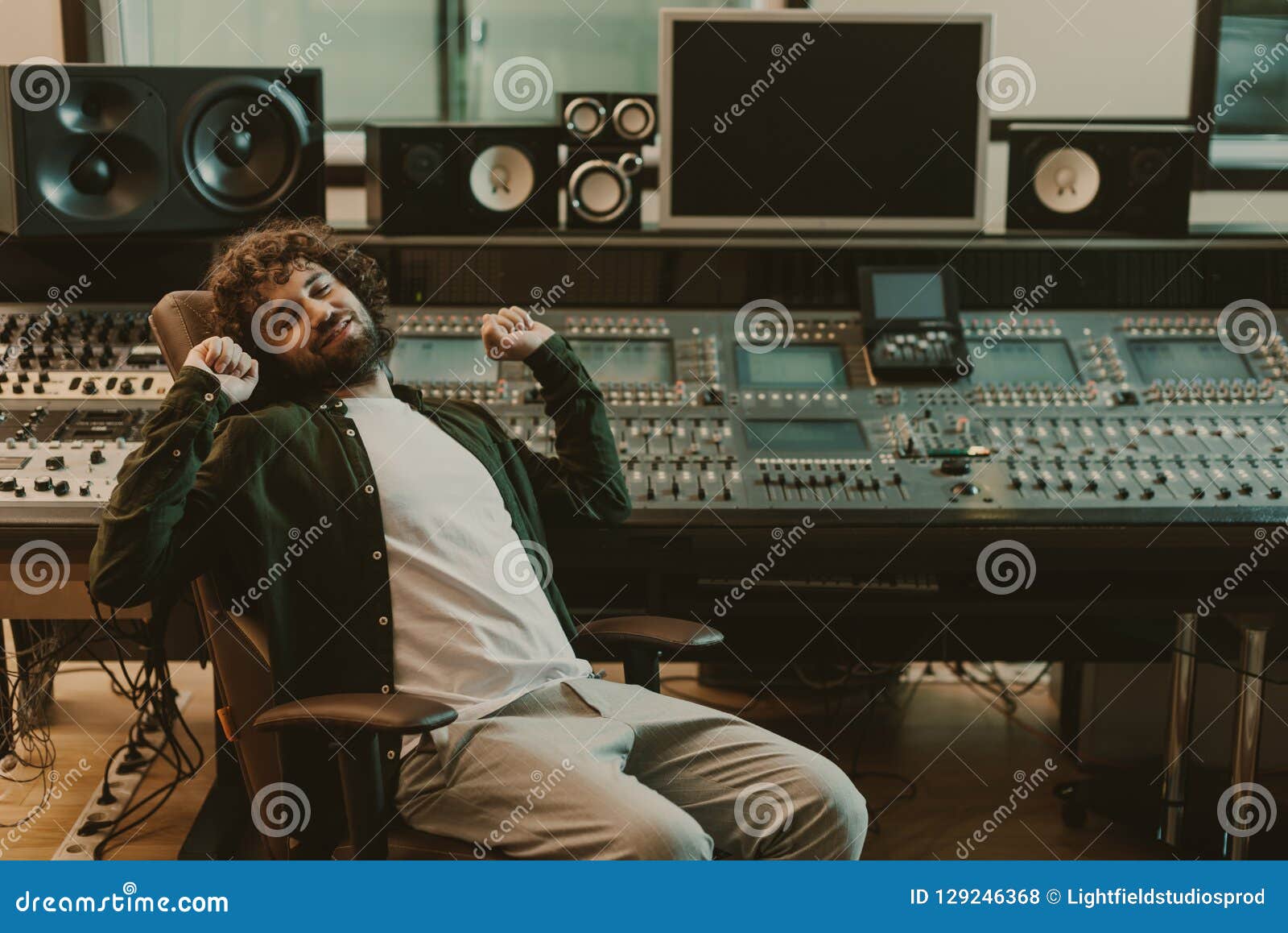 Happy Tired Sound Producer Stretching Stock Photo - Image of male ...