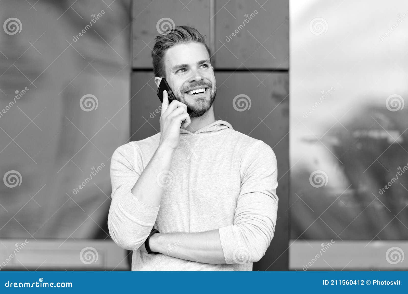 Happy To Hear You Man Bearded Walks With Smartphone Urban Background