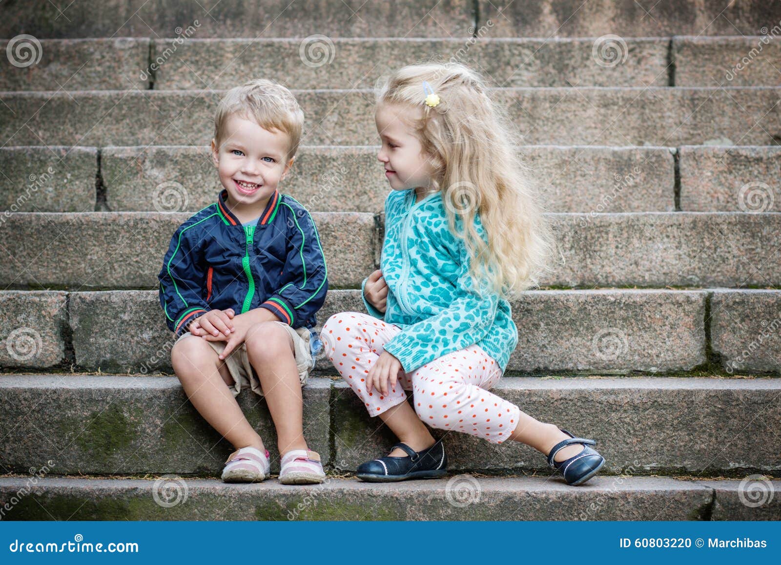 Happy Toddler Children Sit on the Steps Stock Photo - Image of girl ...