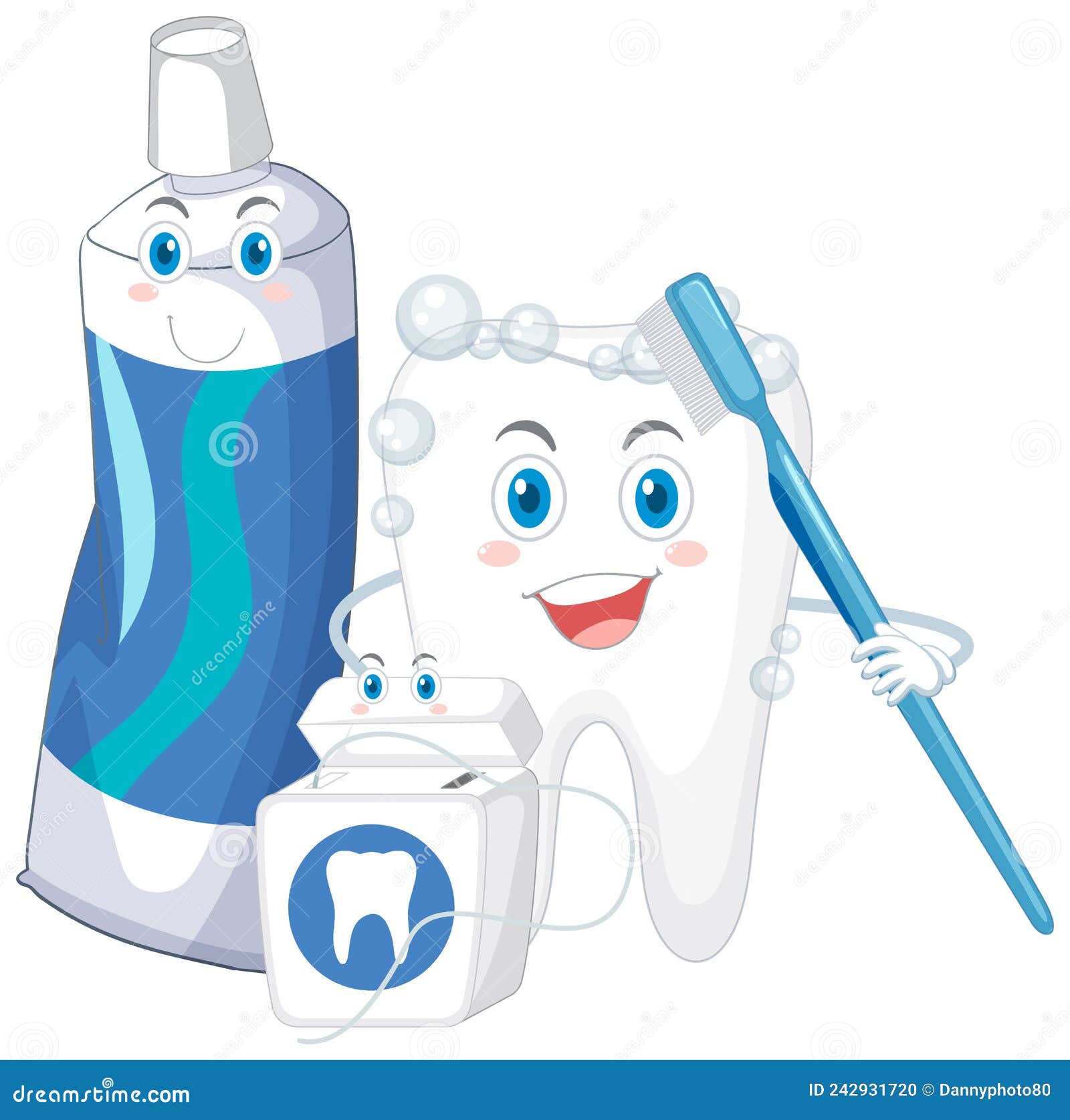 Happy Tooth Brushing Itself with a Toothpaste and Dental Floss Stock ...