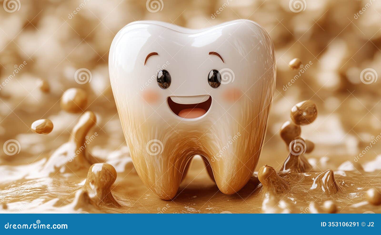 Happy Tooth Cartoon Character Surrounded by Caramel Splash Stock ...
