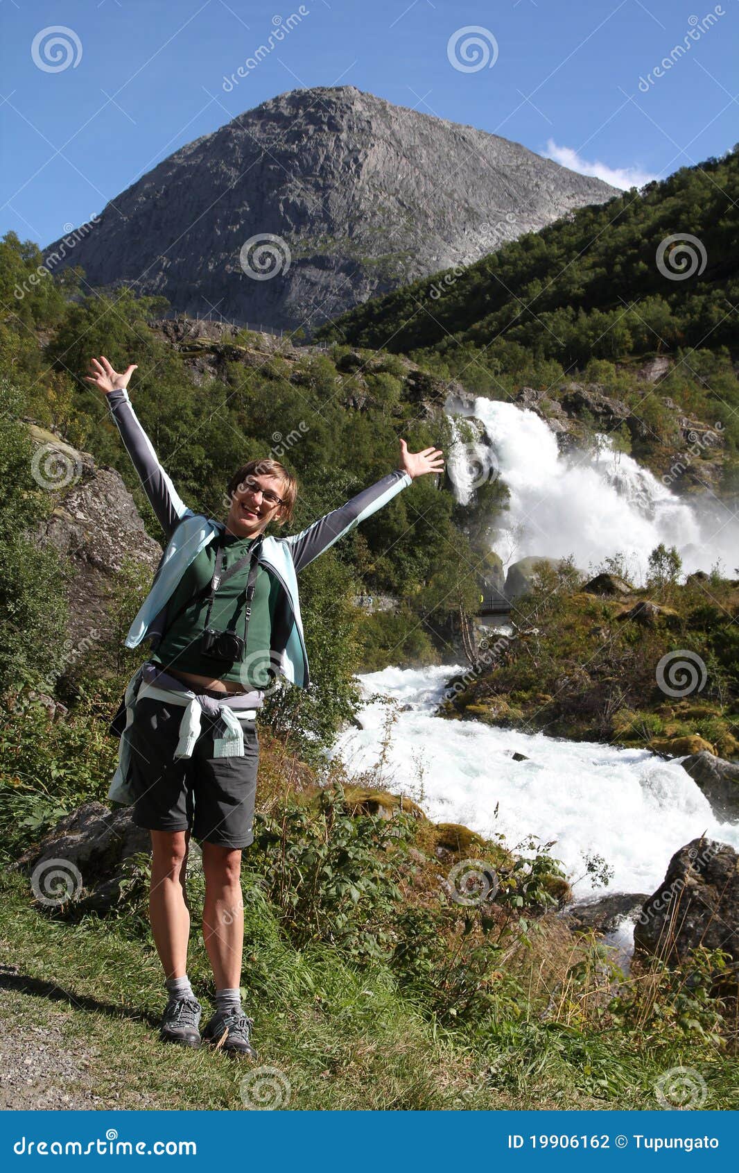 Happy tourist stock photo. Image of hiking, jostedalsbreen - 19906162