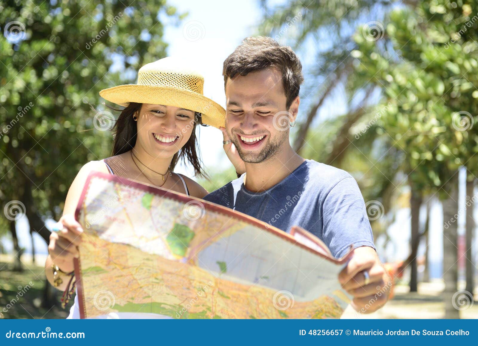 Happy Tourist Couple with Map Stock Image - Image of guide, cheerful ...