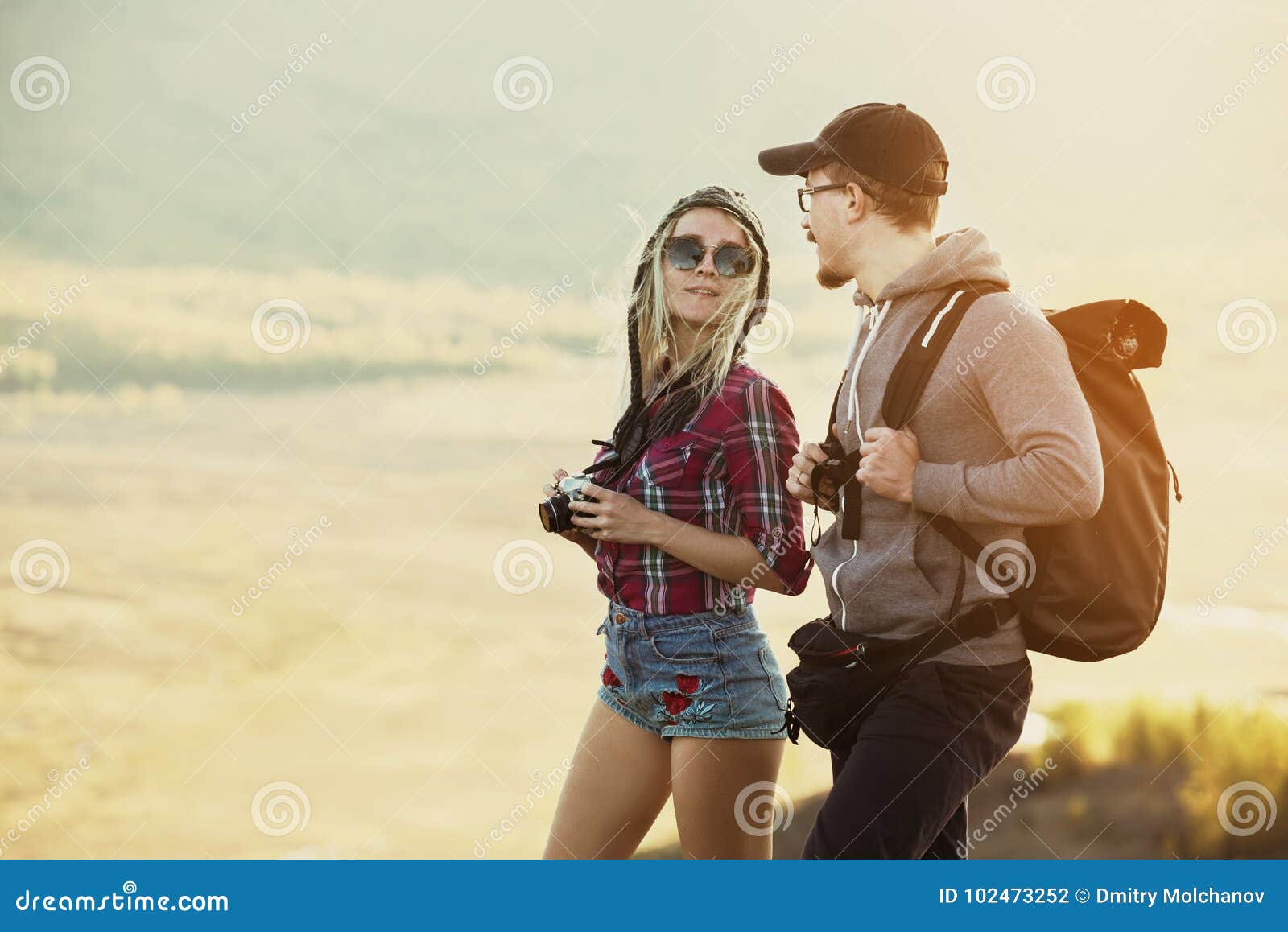 Happy Tourists Backpackers Couple Portrait Stock Photo - Image of ...