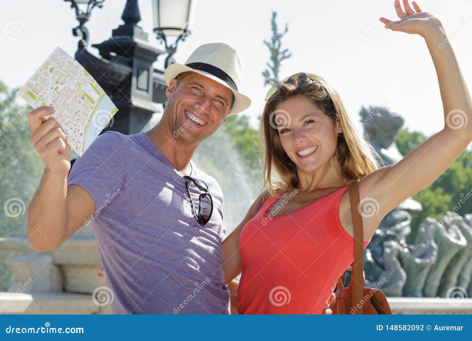 Happy Tourists with Map Sightseeing City Stock Photo - Image of town ...