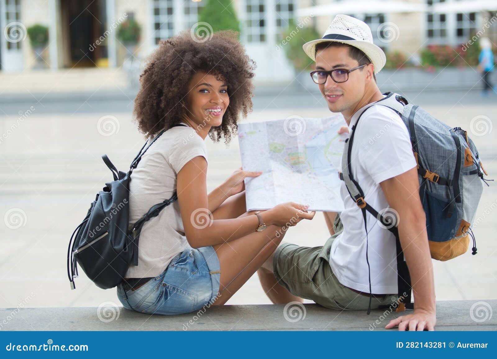 Happy Tourists with Map Sightseeing City Stock Image - Image of young ...