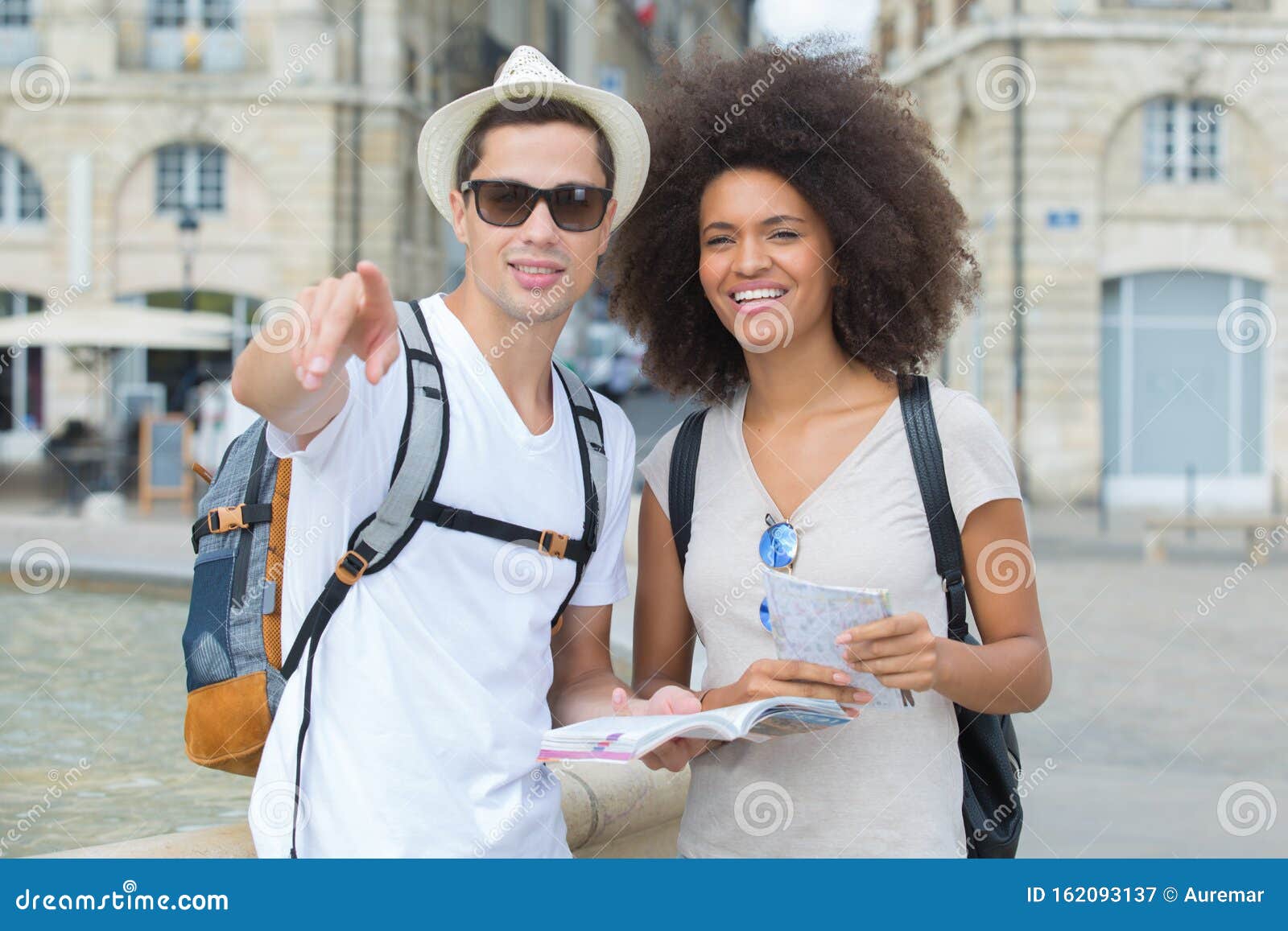 Happy Tourists Sightseeing City with Map Stock Image - Image of adult ...