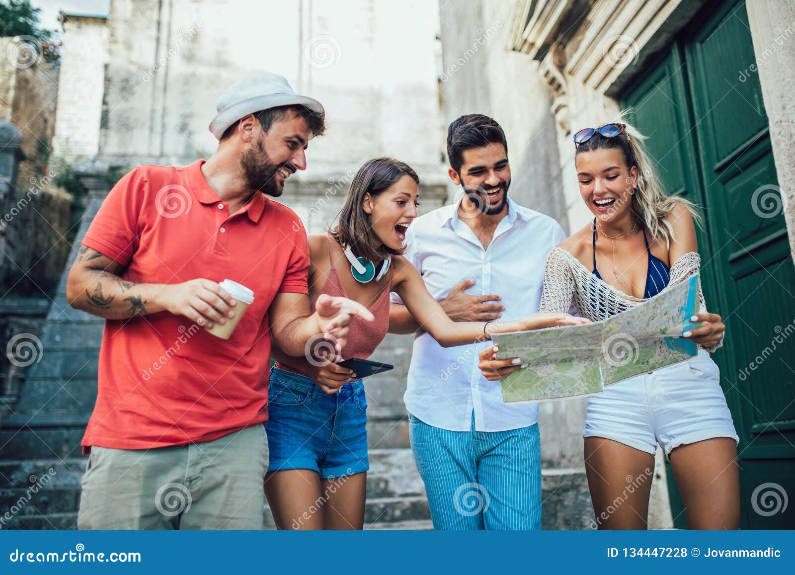 Happy Tourists Sightseeing in City Stock Photo - Image of girl, street ...