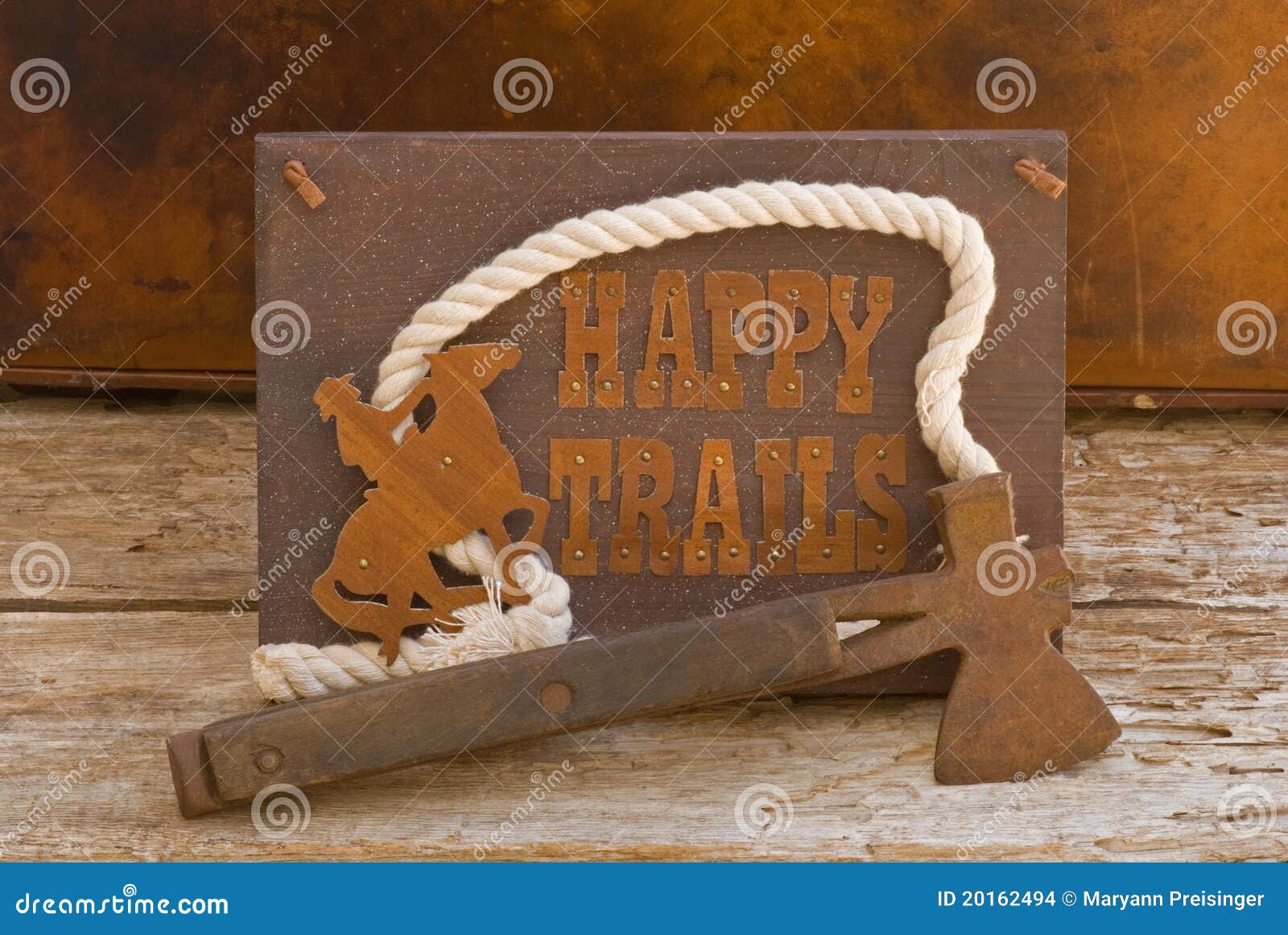 Happy Trails Sign with Old Hatchet Stock Photo - Image of antique, rope ...