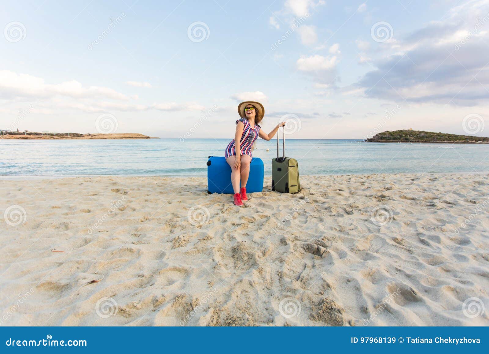 Happy Traveler Woman With Suitcase On The Beach Concept Of Travel