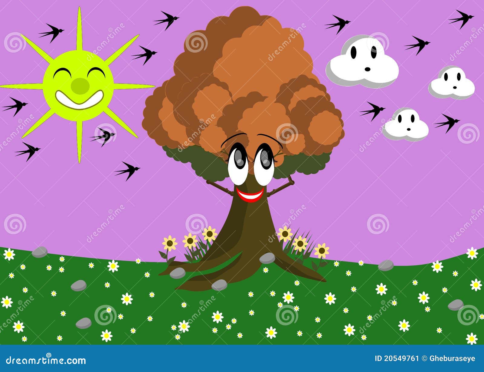 Happy Tree in a Flowering Meadow on a Sunny Day, Cartoon Illustration ...