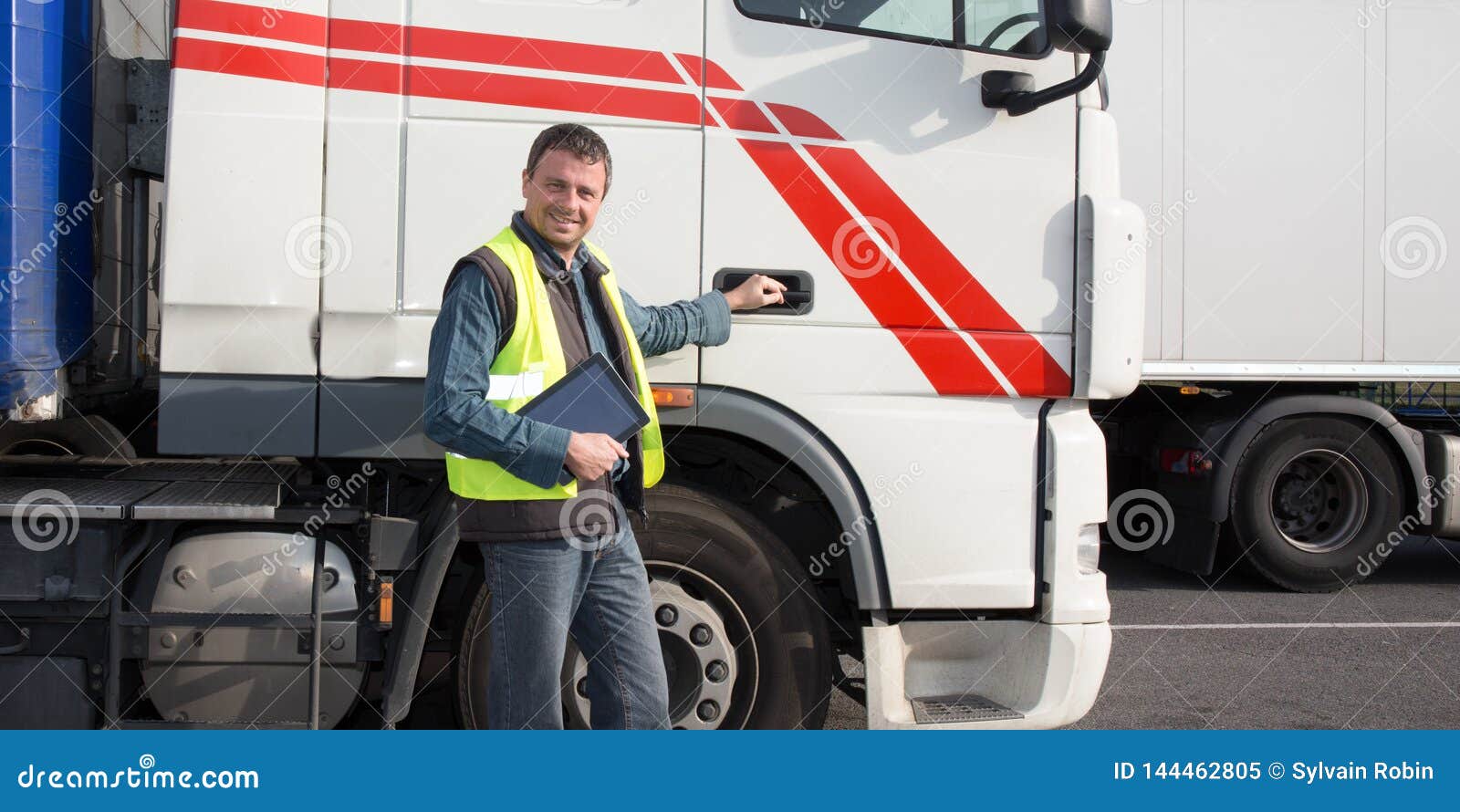 Happy Trucks Driver in Front of Container Delivery Truck Stock Image ...