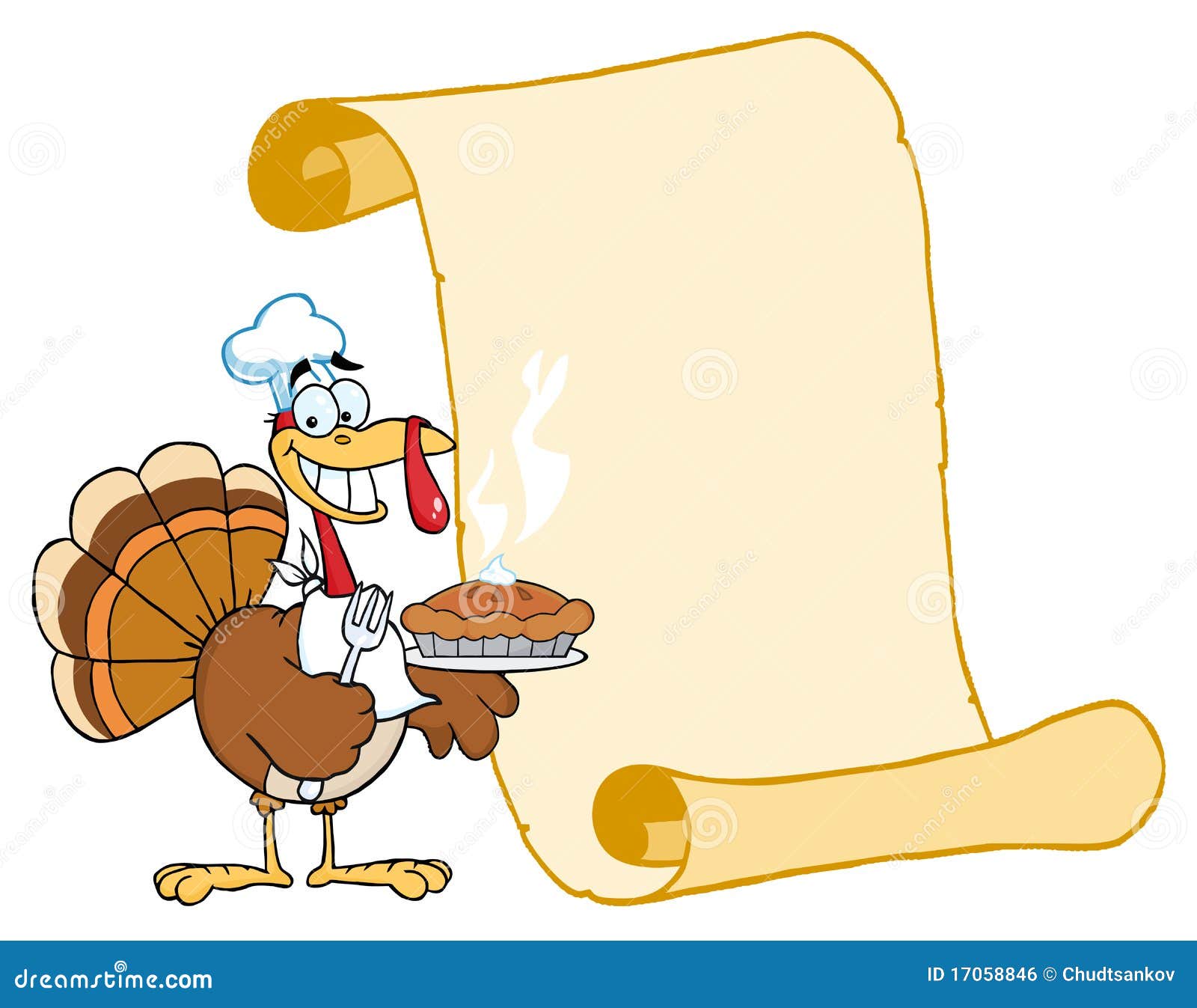 Happy Turkey Chef with Pie and Scroll Stock Vector - Illustration of ...