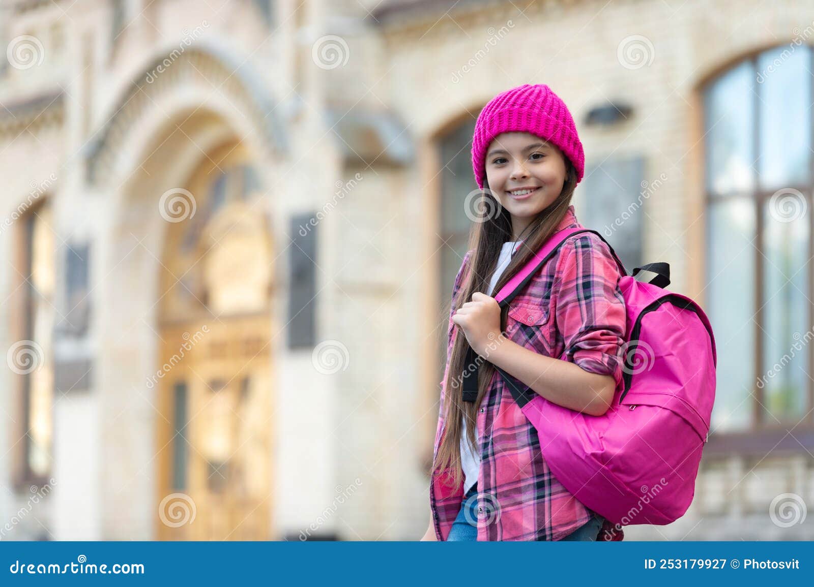 Happy Tween Girl Back To School Outdoors, Copy Space Stock Image ...