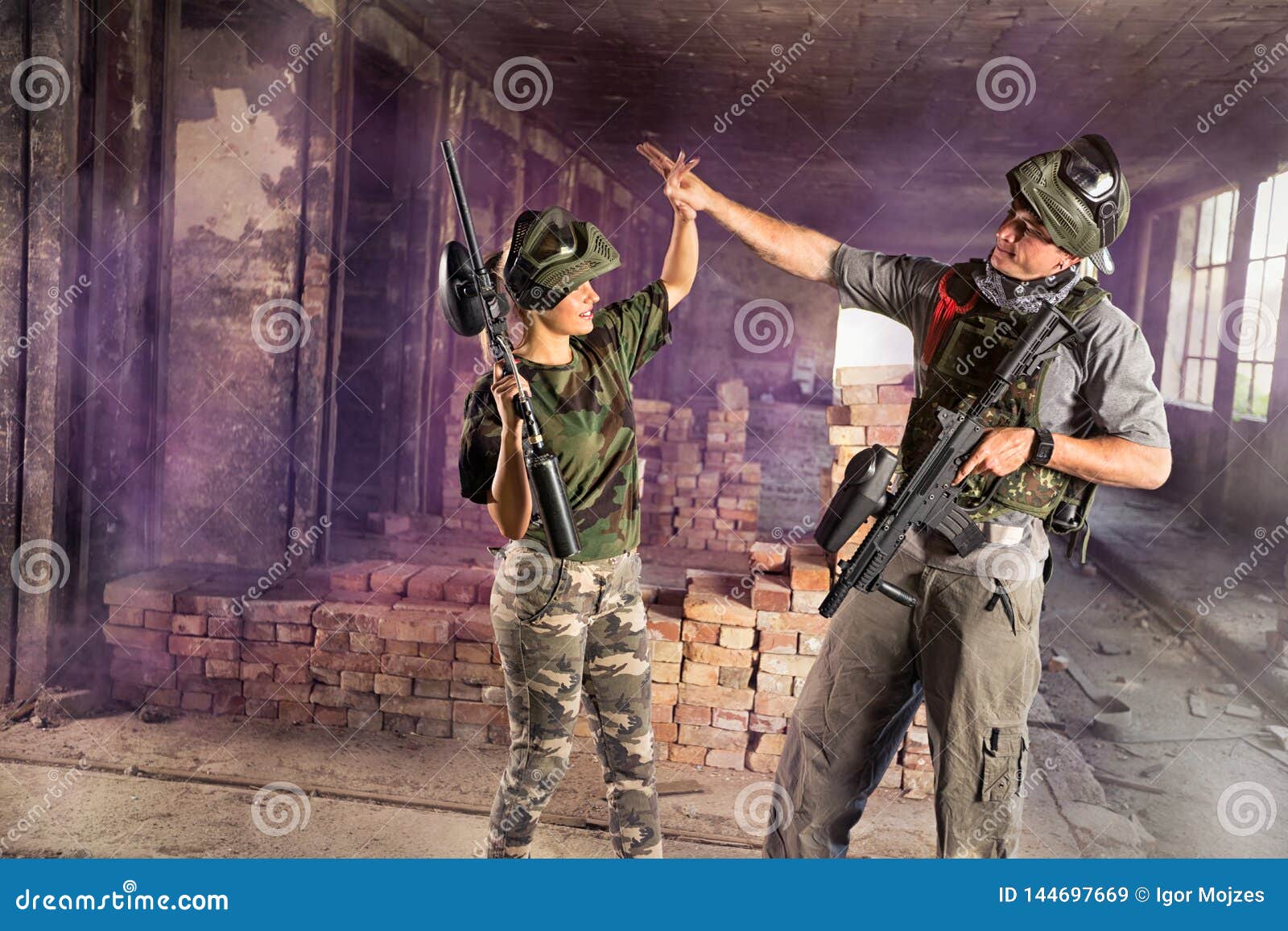 Happy Two Paintball Players Stock Image - Image of battle, shooting ...