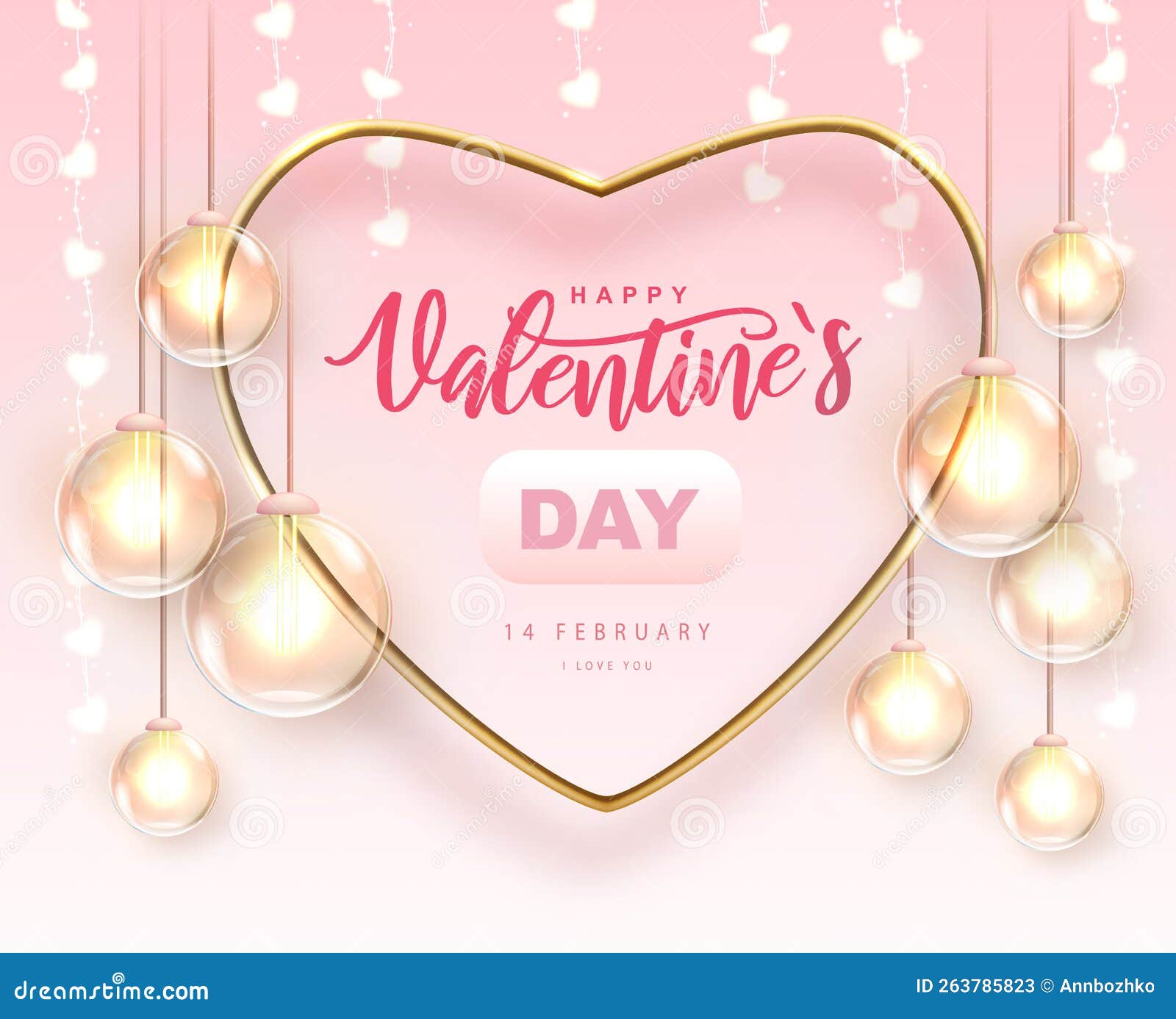 Happy Valentines Day Poster With 3d Gold Love Heart And Electric Lamps