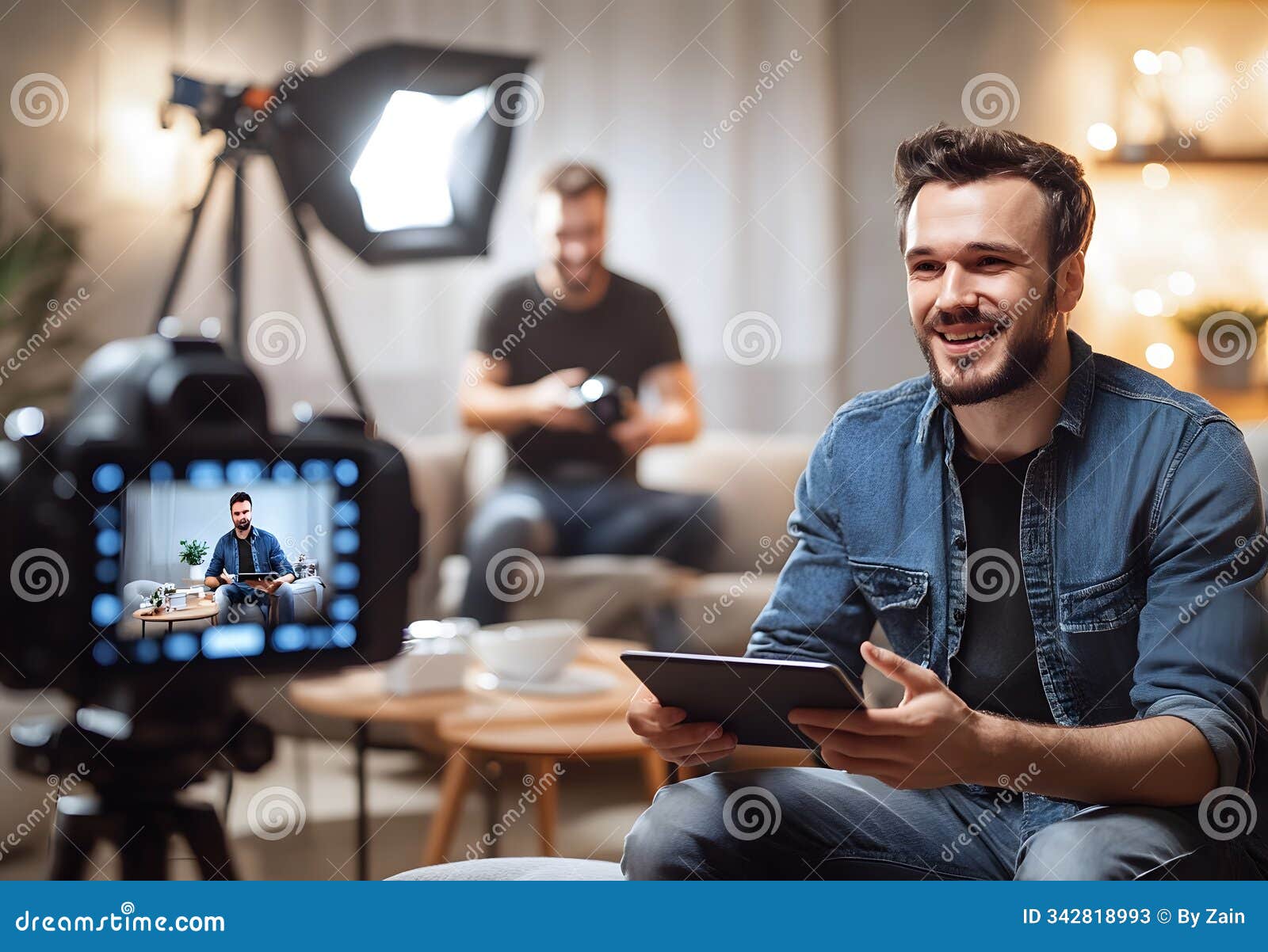 Happy Vlogger Recording Video with Tablet in Home Studio Setup Stock ...