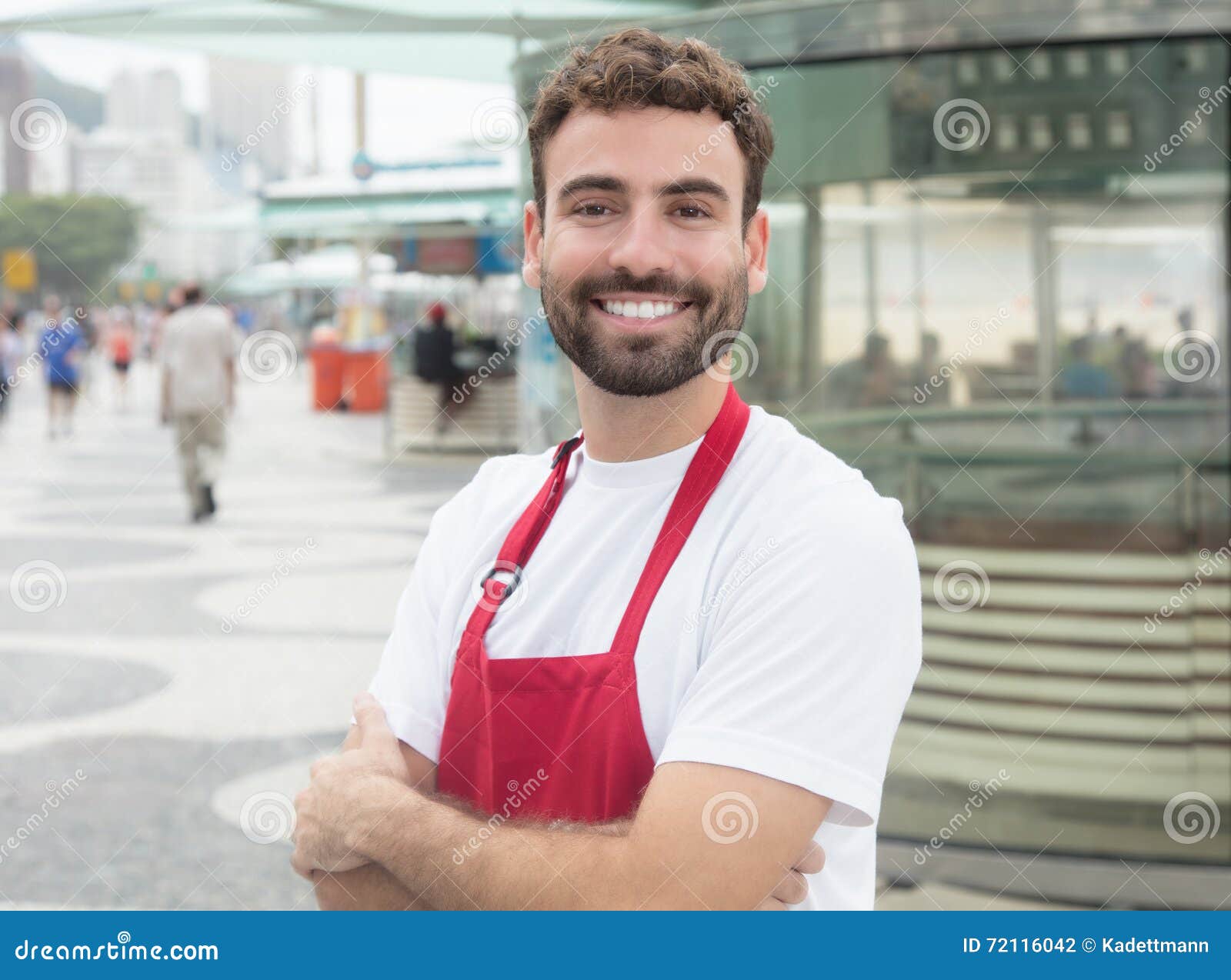 Happy Waiter with Beard in Front of a Restaurant Stock Photo - Image of ...