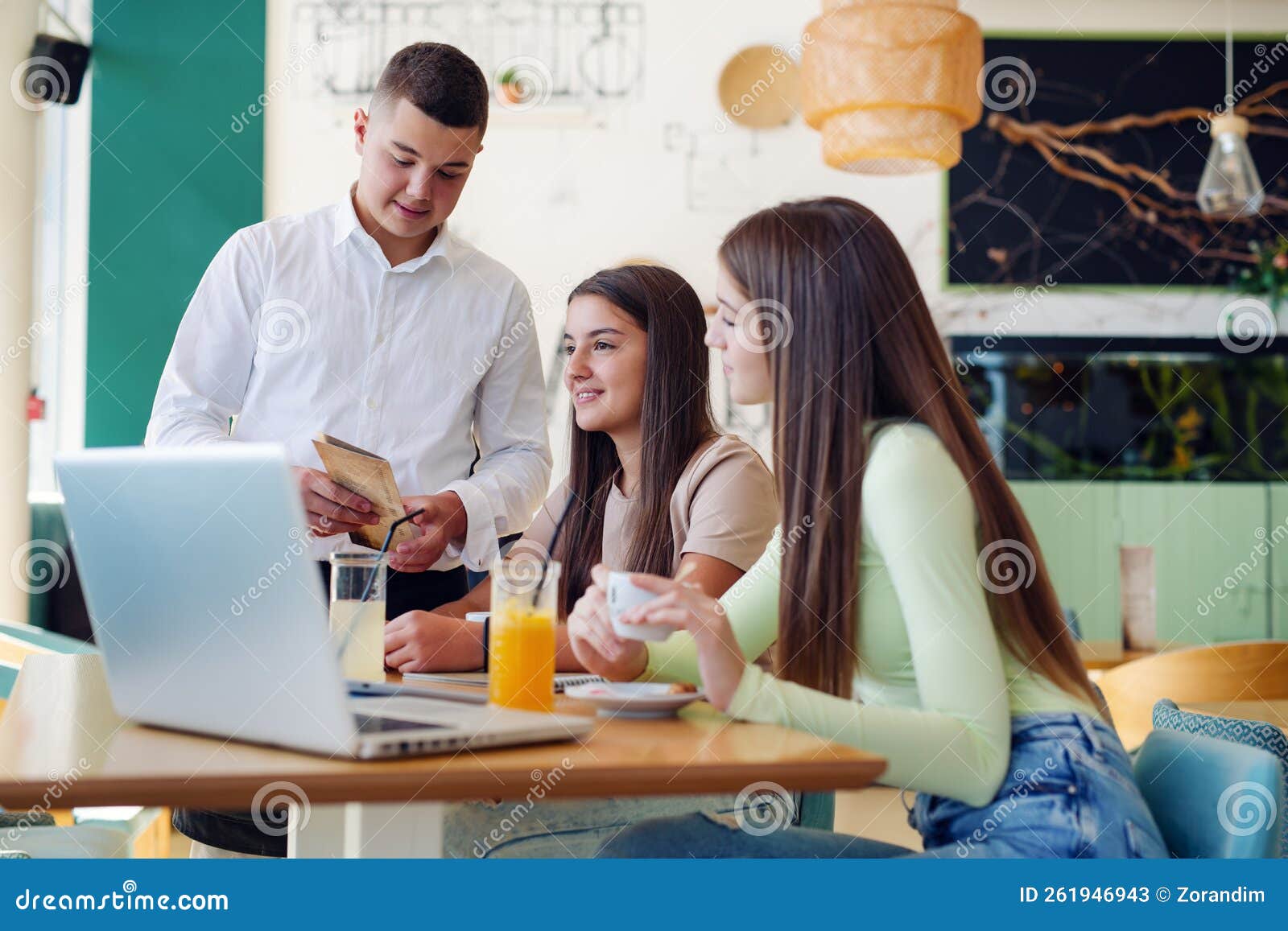 Happy Waiter Talking To Female Customer Stock Image - Image of taking ...