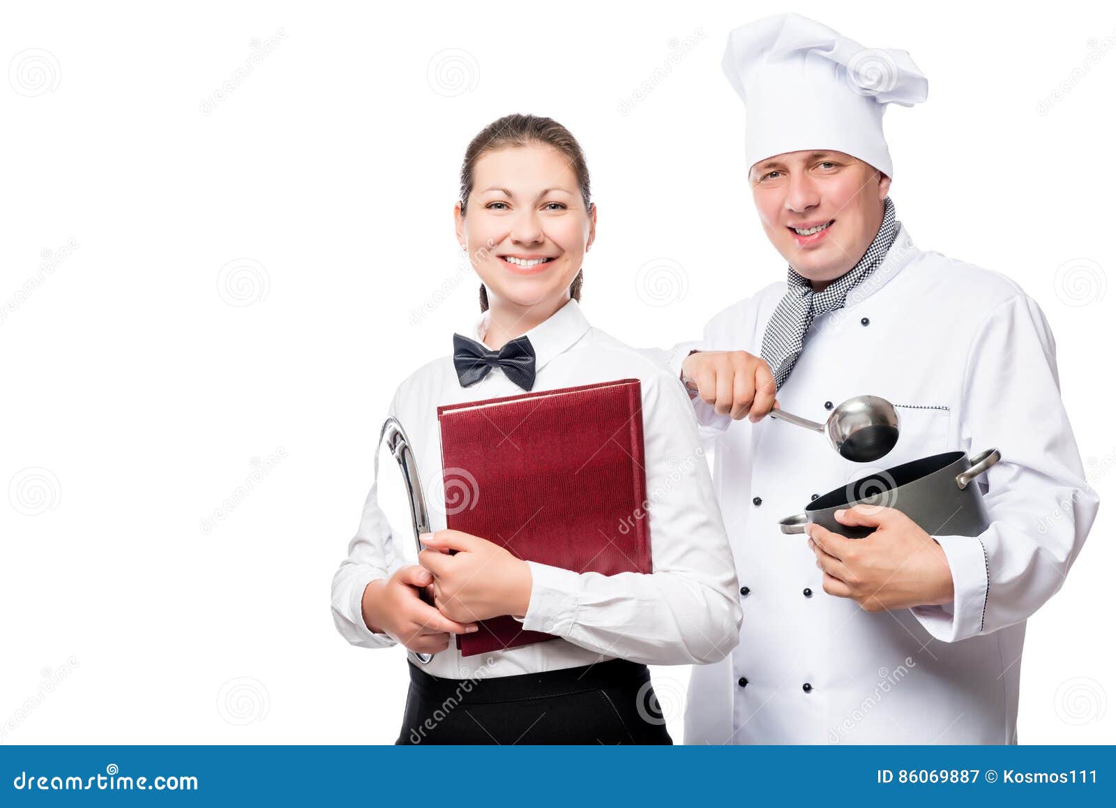 Happy Waitress and Chef with Cooking Utensils on a White Background ...