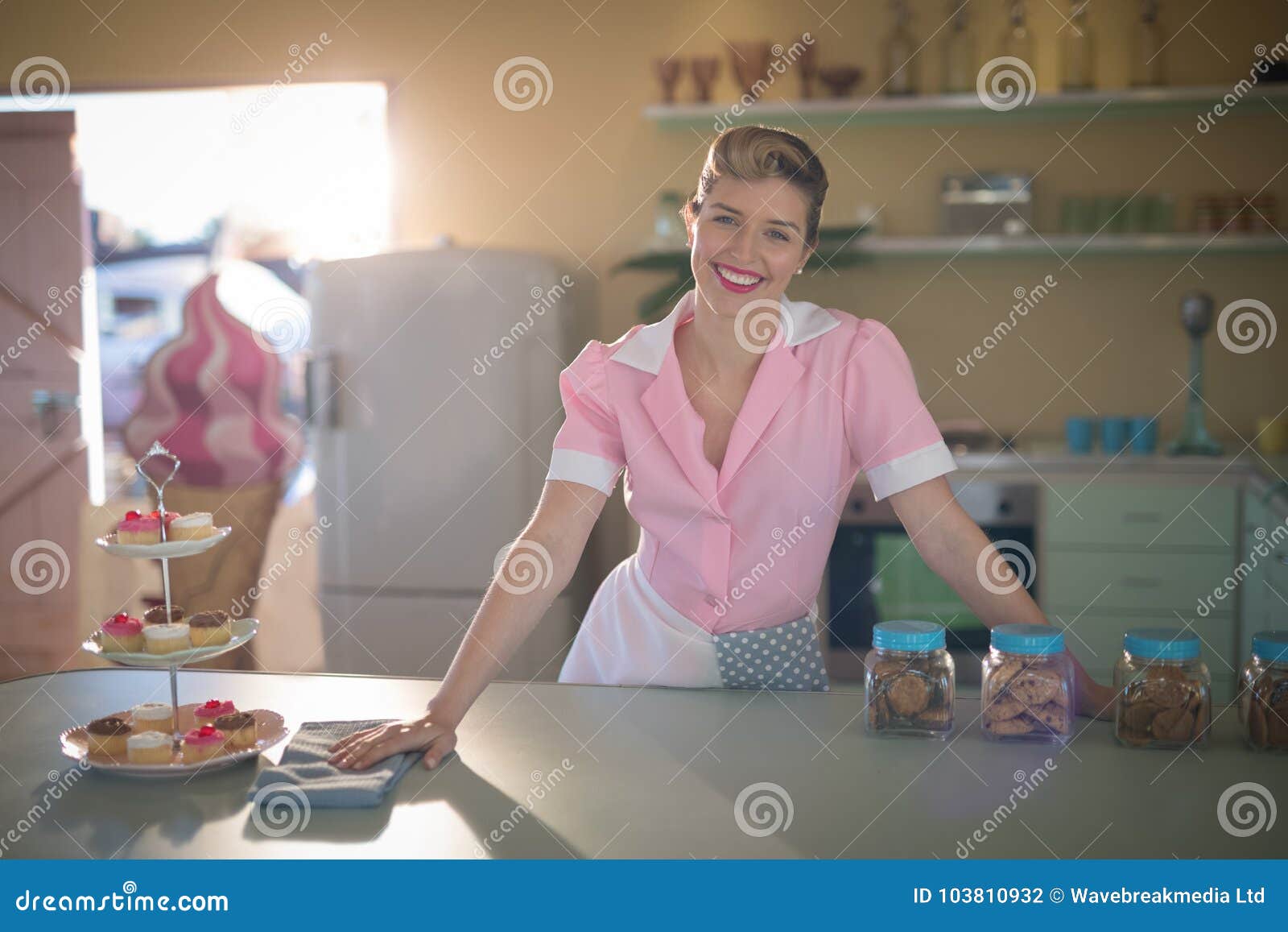 Waitress Standing at Counter in Restaurant Stock Photo - Image of ...