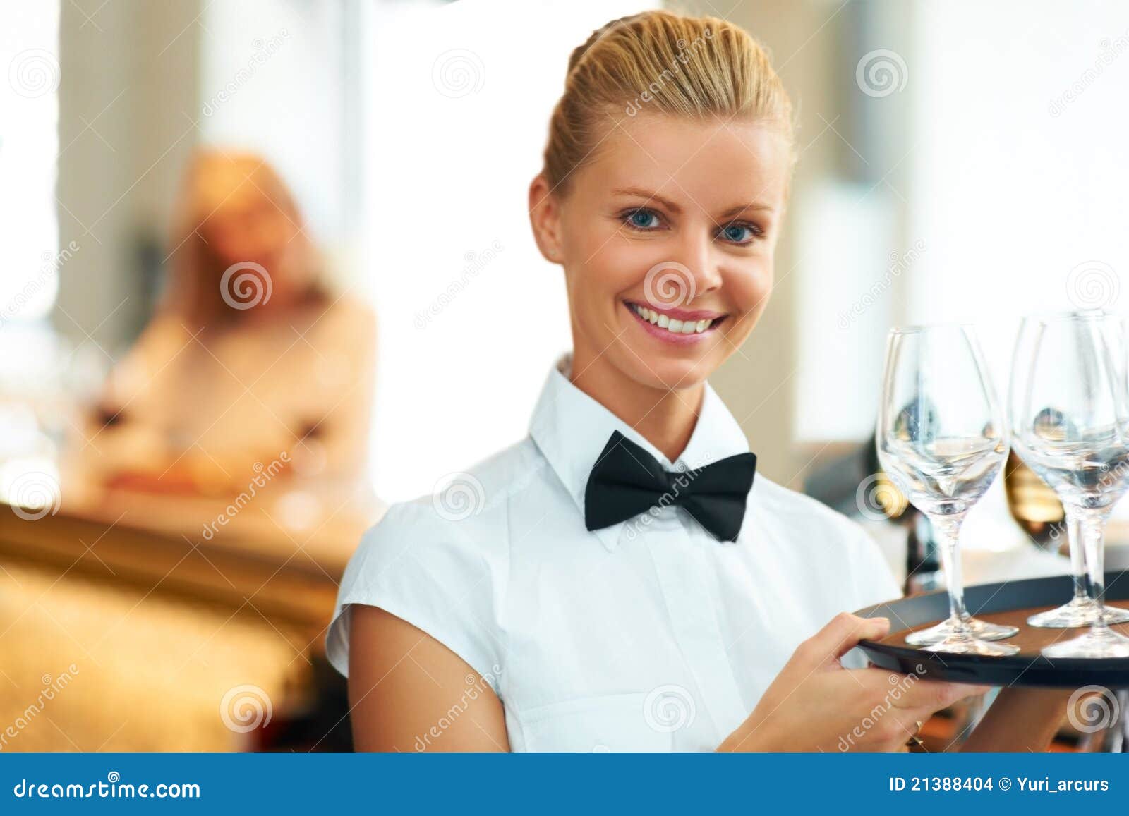 Happy Waitress with Tray of Glasses Stock Photo - Image of attractive ...