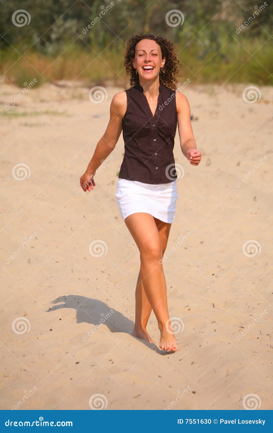 Happy Walking Woman on Sand Stock Photo - Image of natural, rest: 7551630