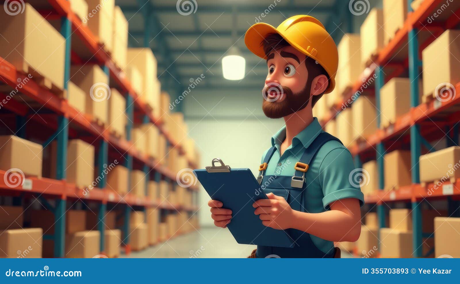 Happy Warehouse Worker Checking Inventory Stock Illustration ...