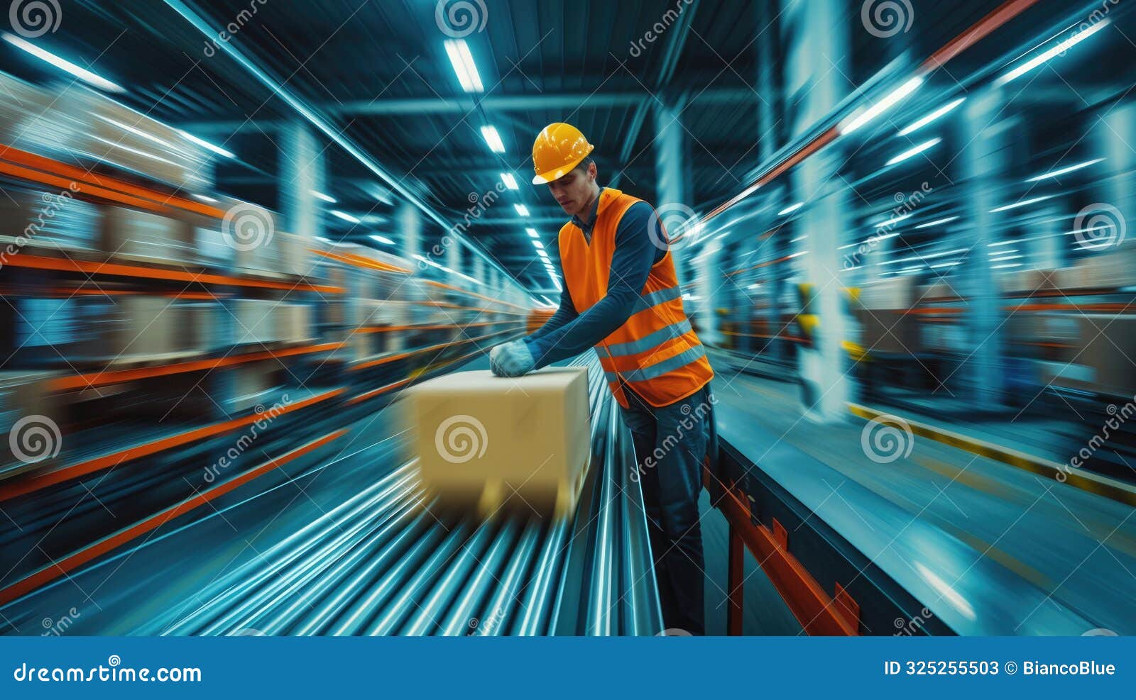Warehouse Worker Loading Package while Placed on the Rail at Storage ...